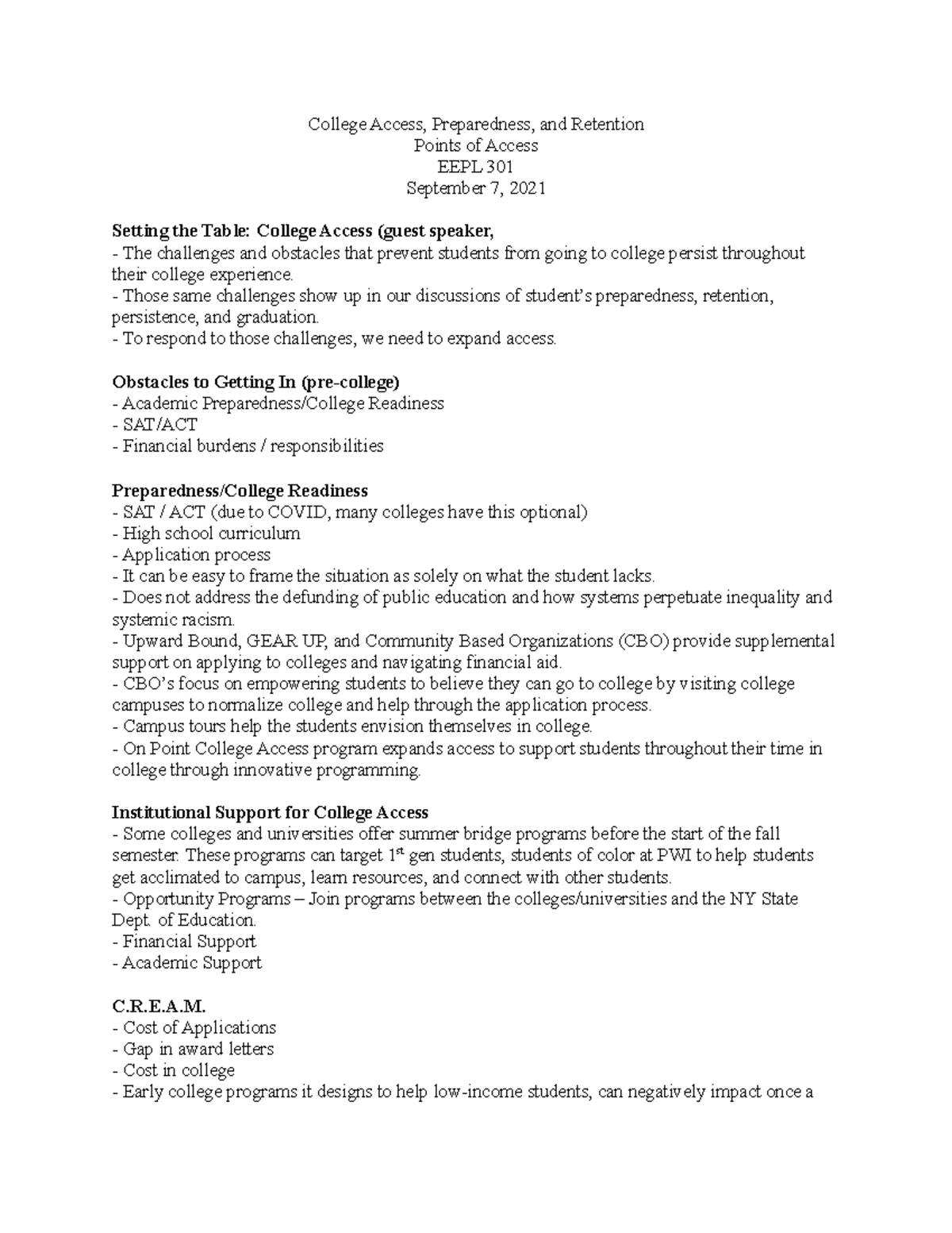 Week3 Notes EEPL - College Access, Preparedness, and Retention Points ...