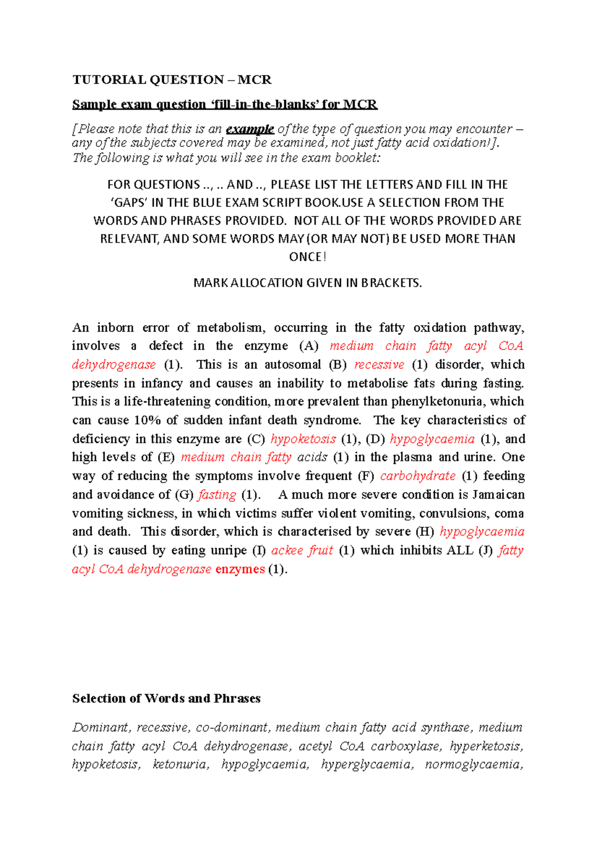 Fill in the blanks MCR Answer 2019 - TUTORIAL QUESTION – MCR Sample ...