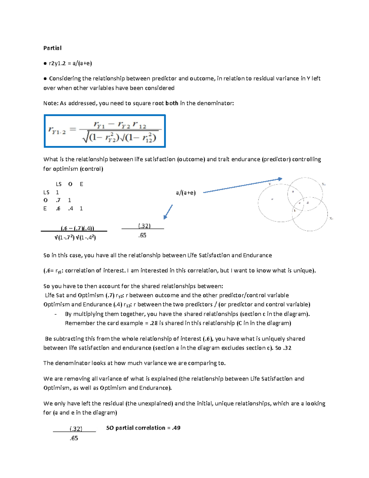 Partial and semi partial correlations - Partial r2y1 = a/(a+e) Considering the relationship ...