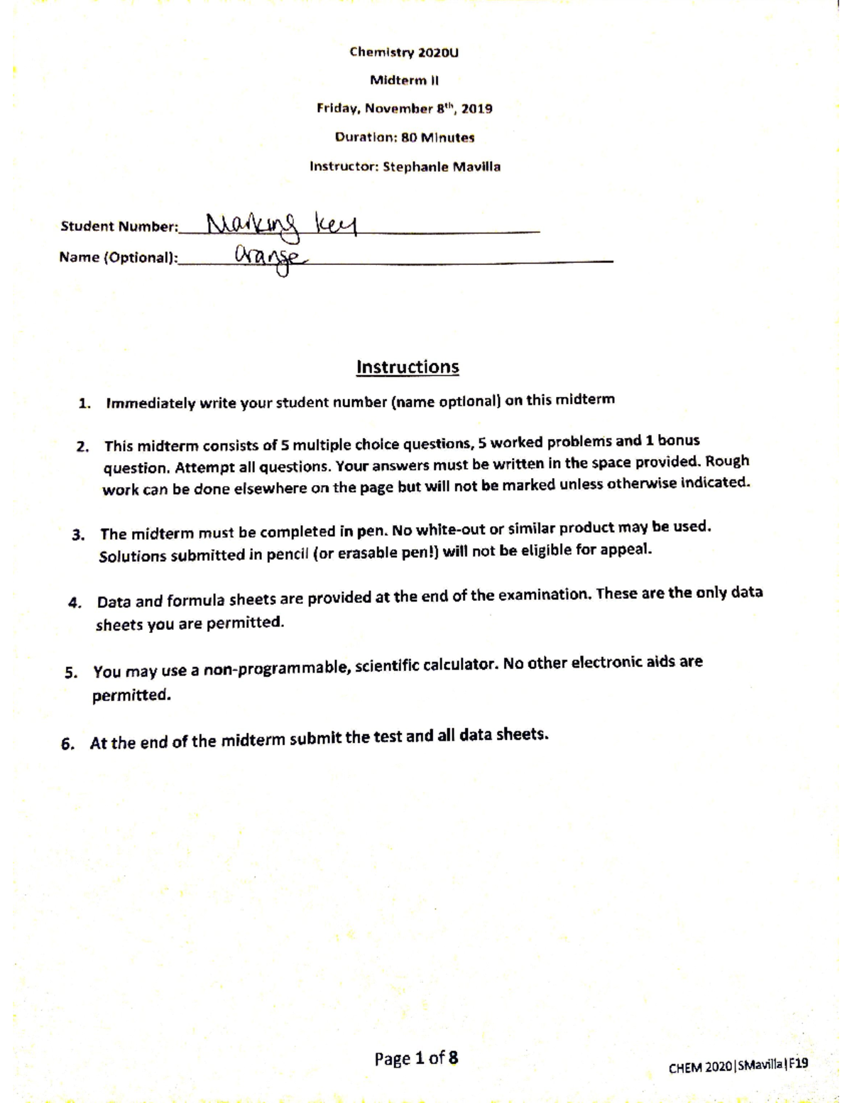 Midterm 2B 2019, questions and answers - CHEM 2020 - Studocu