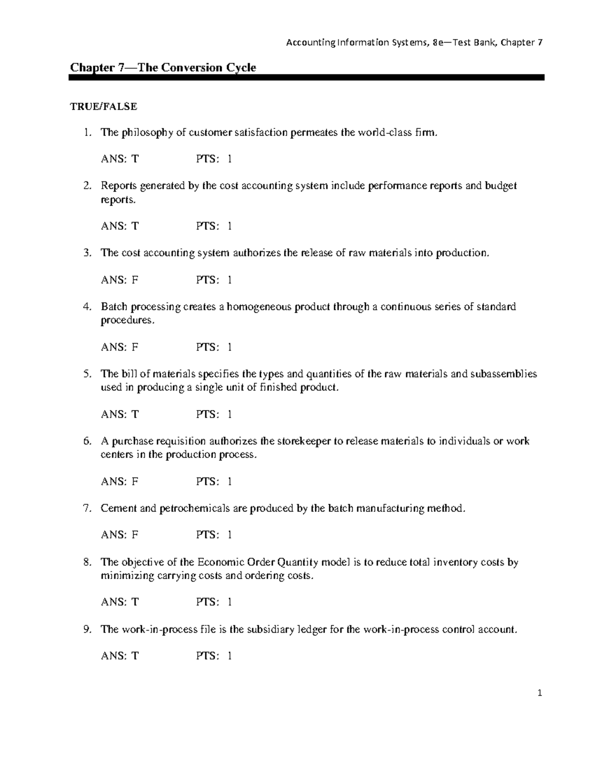 TB-07-Conversion Cycle - Chapter 7—The Conversion Cycle TRUE/FALSE The ...