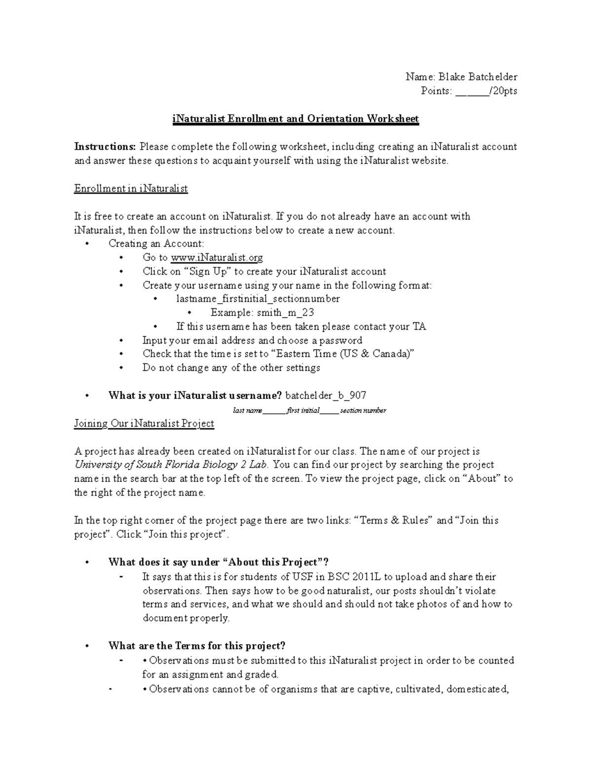 INaturalist worksheet - Name: Blake Batchelder Points: ______/20pts ...