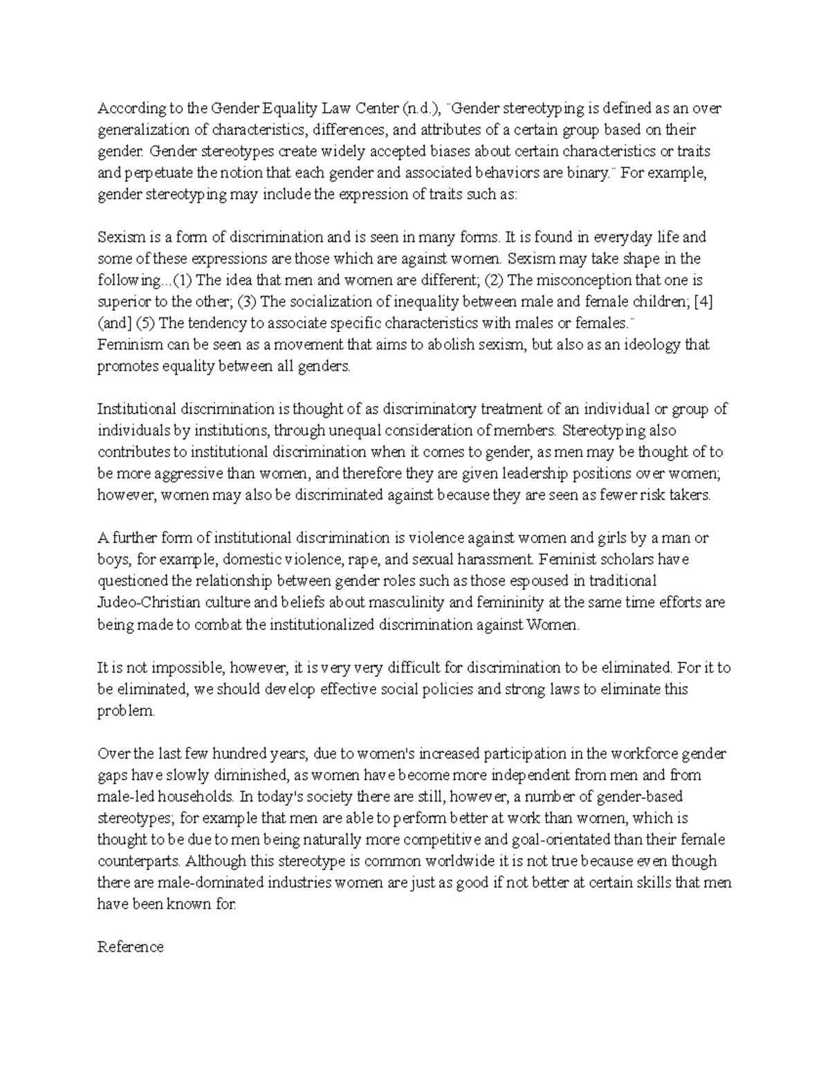 SOC 1502 - Written assignment unit 4 - According to the Gender Equality ...