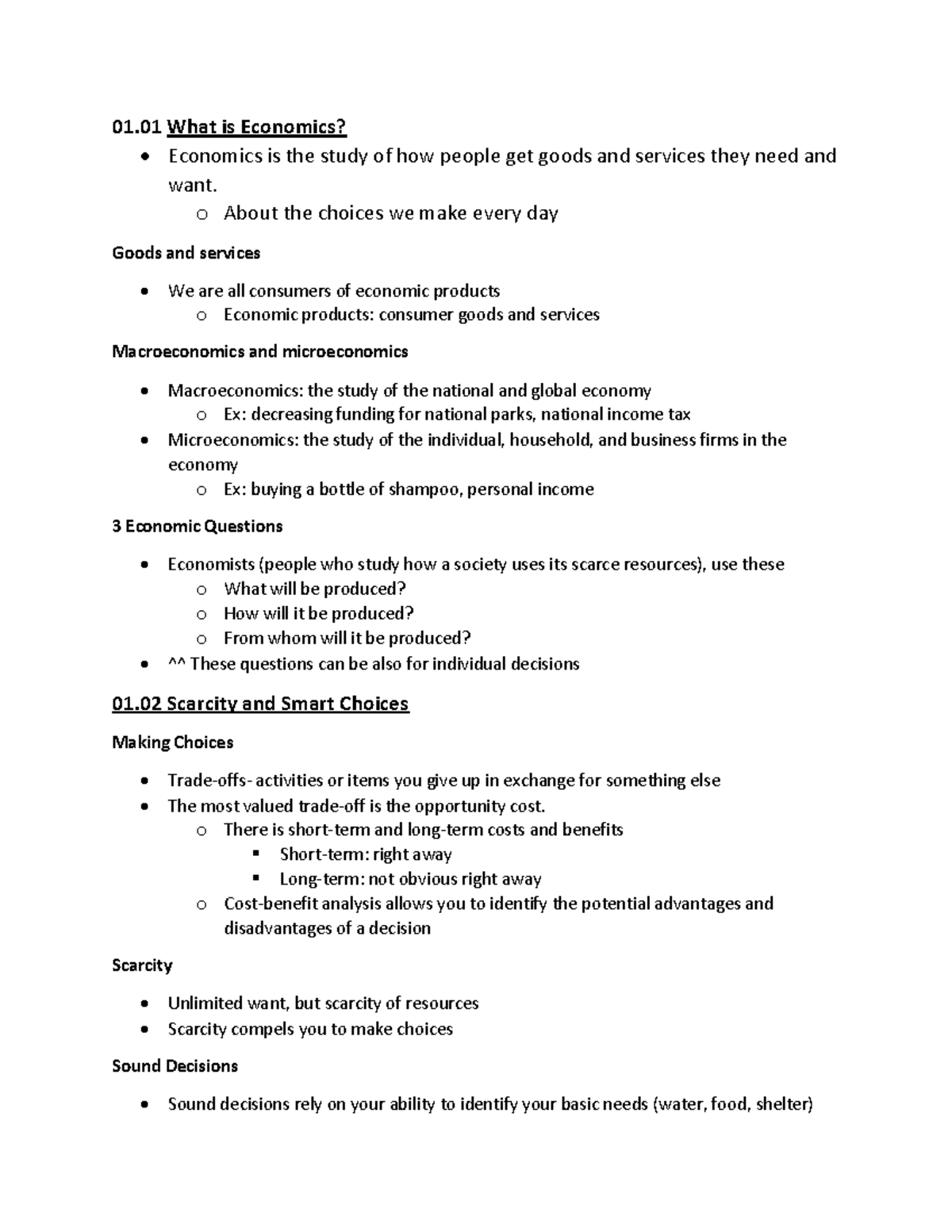 Eco Notes 1 - 01 What is Economics? Economics is the study of how ...