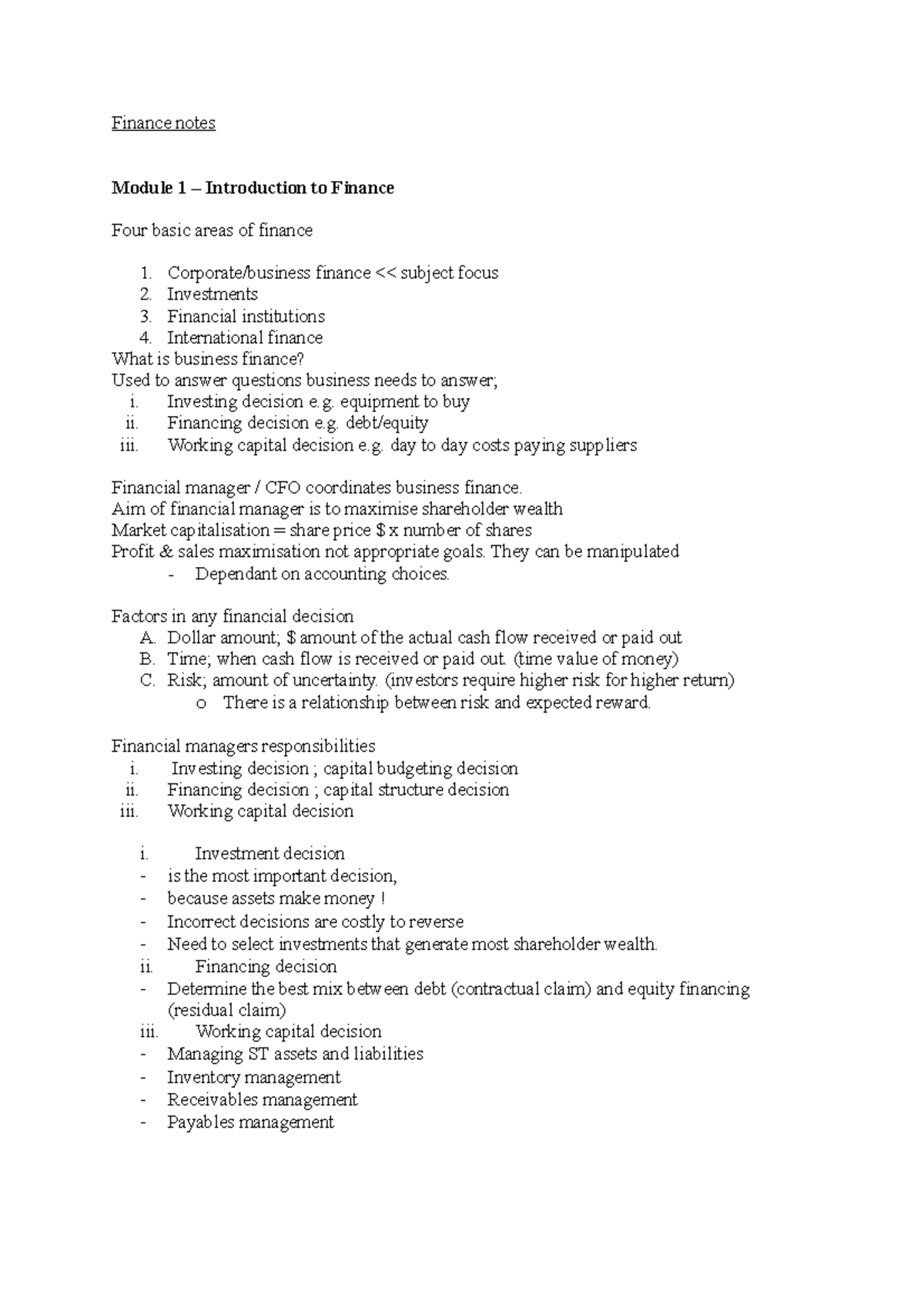 Finance notes - Finance notes Module 1 – Introduction to Finance Four ...