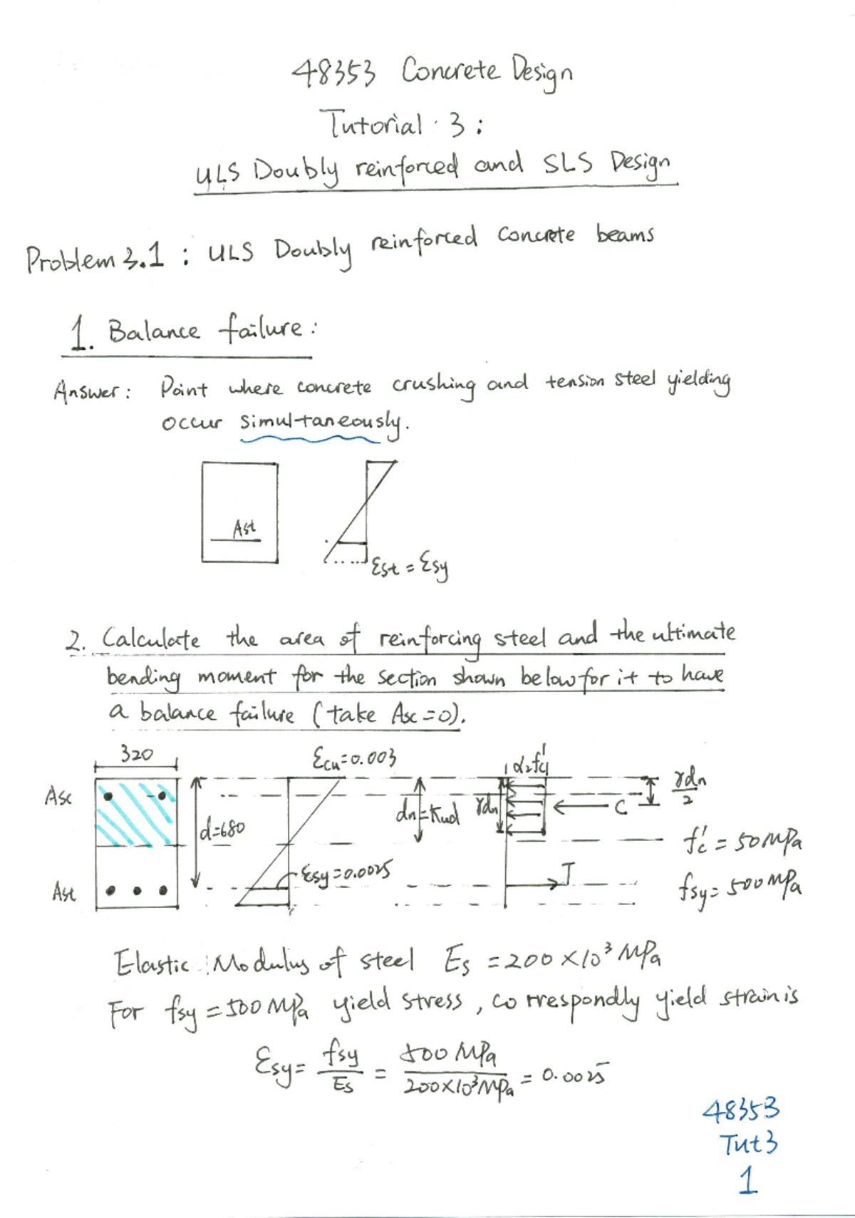 Concrete Design-Tutorial 3 solution-3 - 48353 Concrete Design Tutorial 3 : ULS Doubly reinforced ...