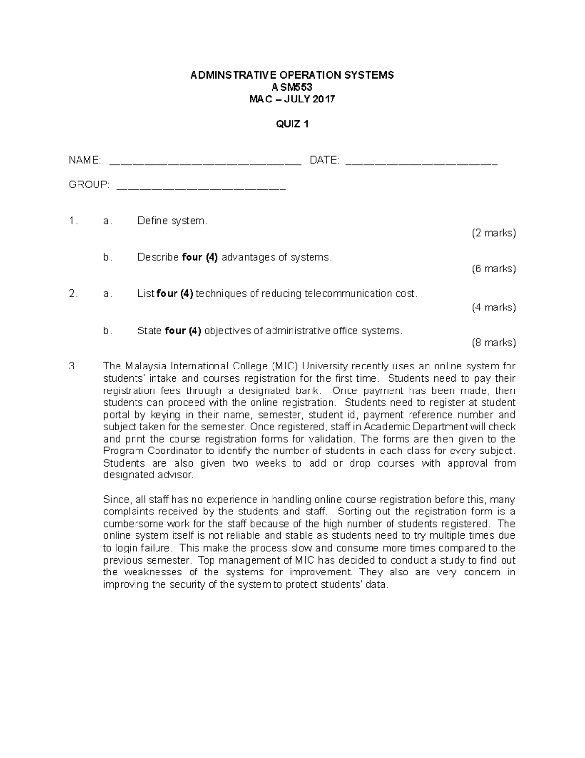 ASM553 Quiz 1 April 2017 - ADMINSTRATIVE OPERATION SYSTEMS ASM MAC ...