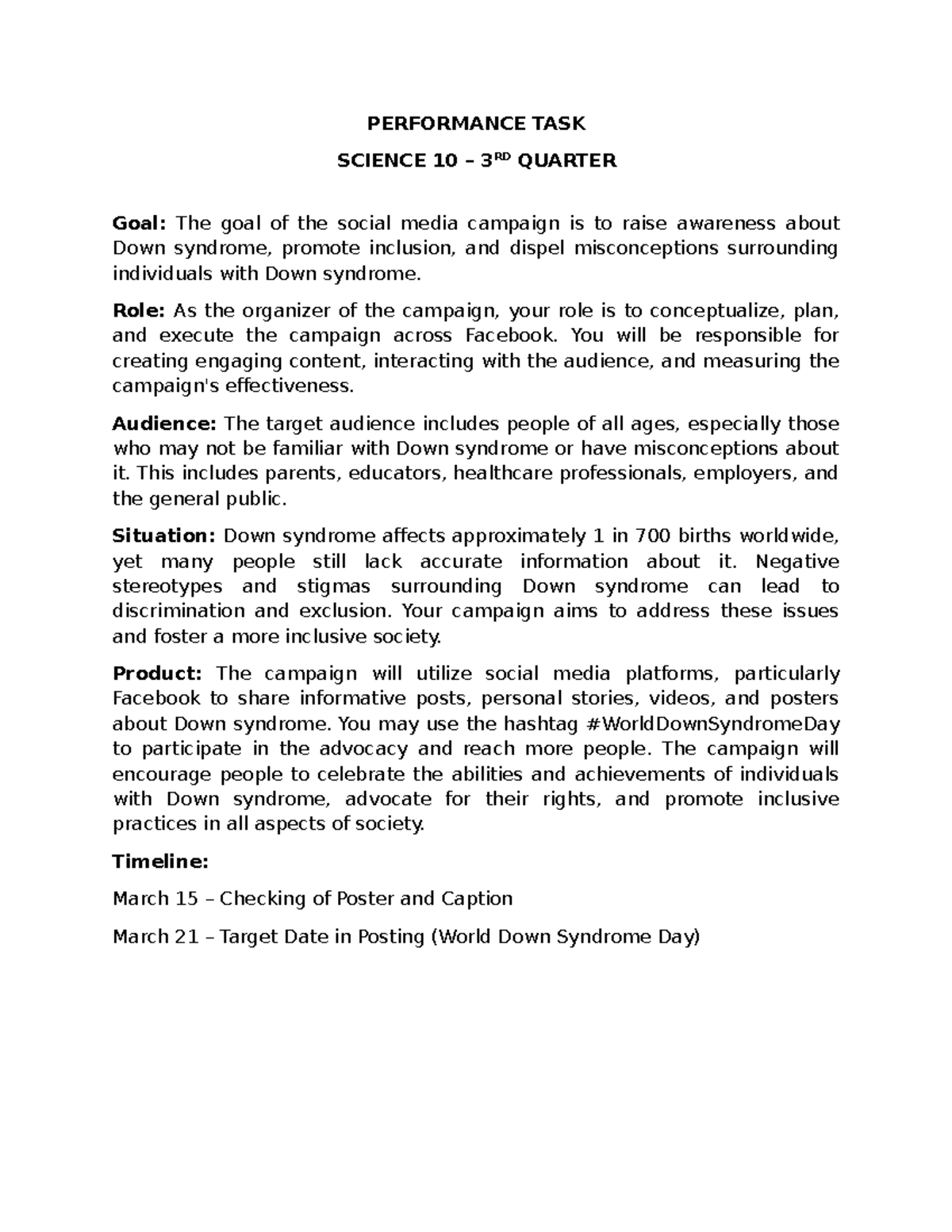 Performance TASK Grade 10 - PERFORMANCE TASK SCIENCE 10 – 3RD QUARTER ...