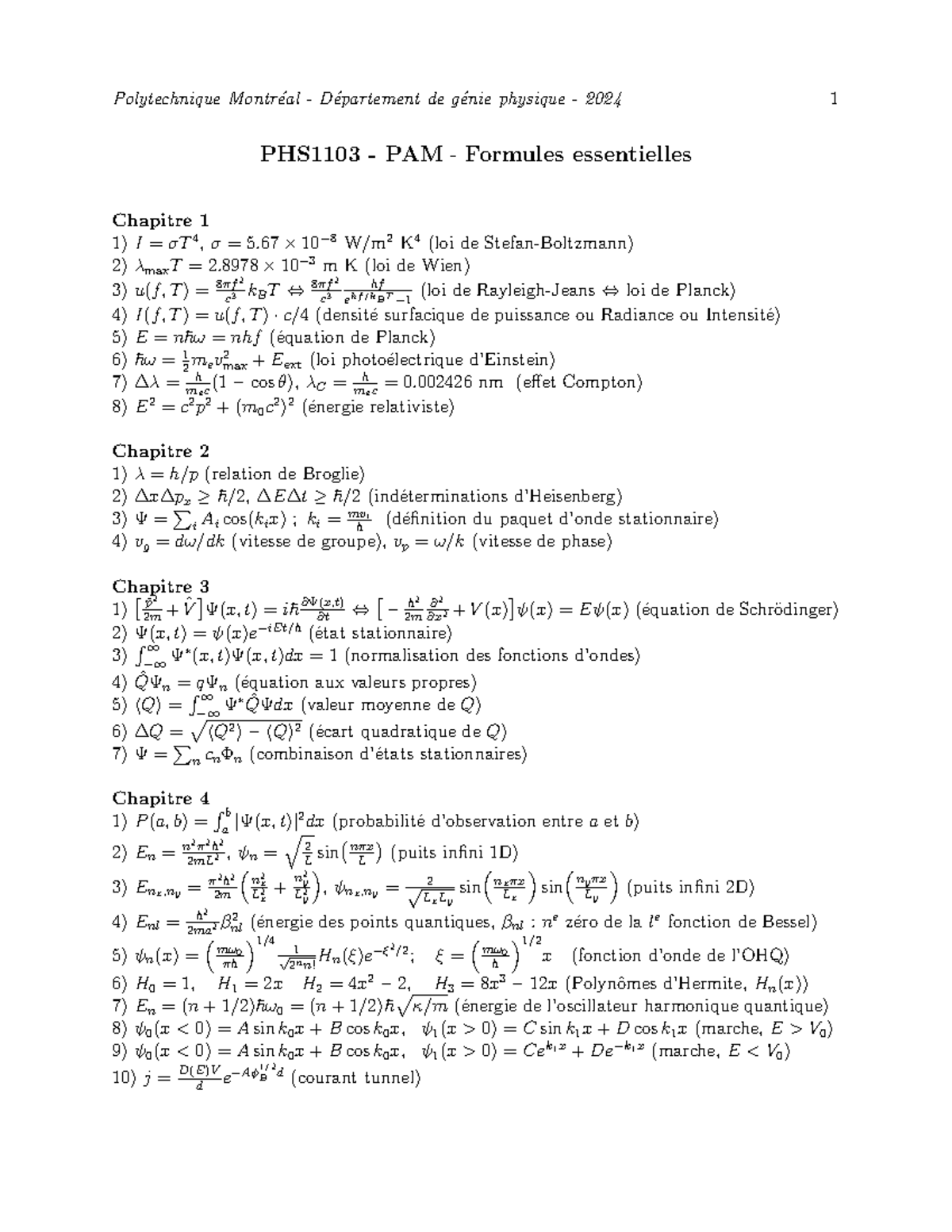 Formules (PAM) - Feuille de formule fournie en examens - PHS1103 - PAM ...
