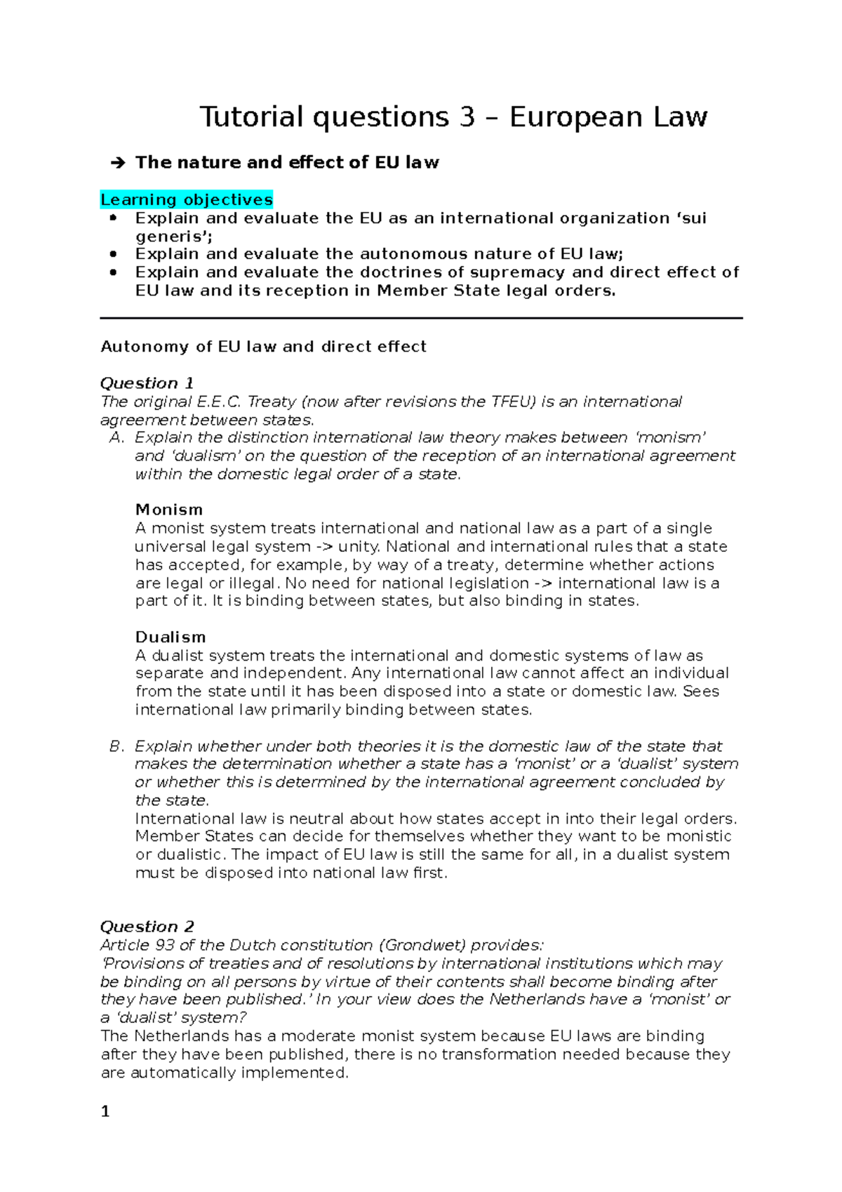 Tutorial questions 3 - European Law - Tutorial questions 3 – European Law The nature and effect ...