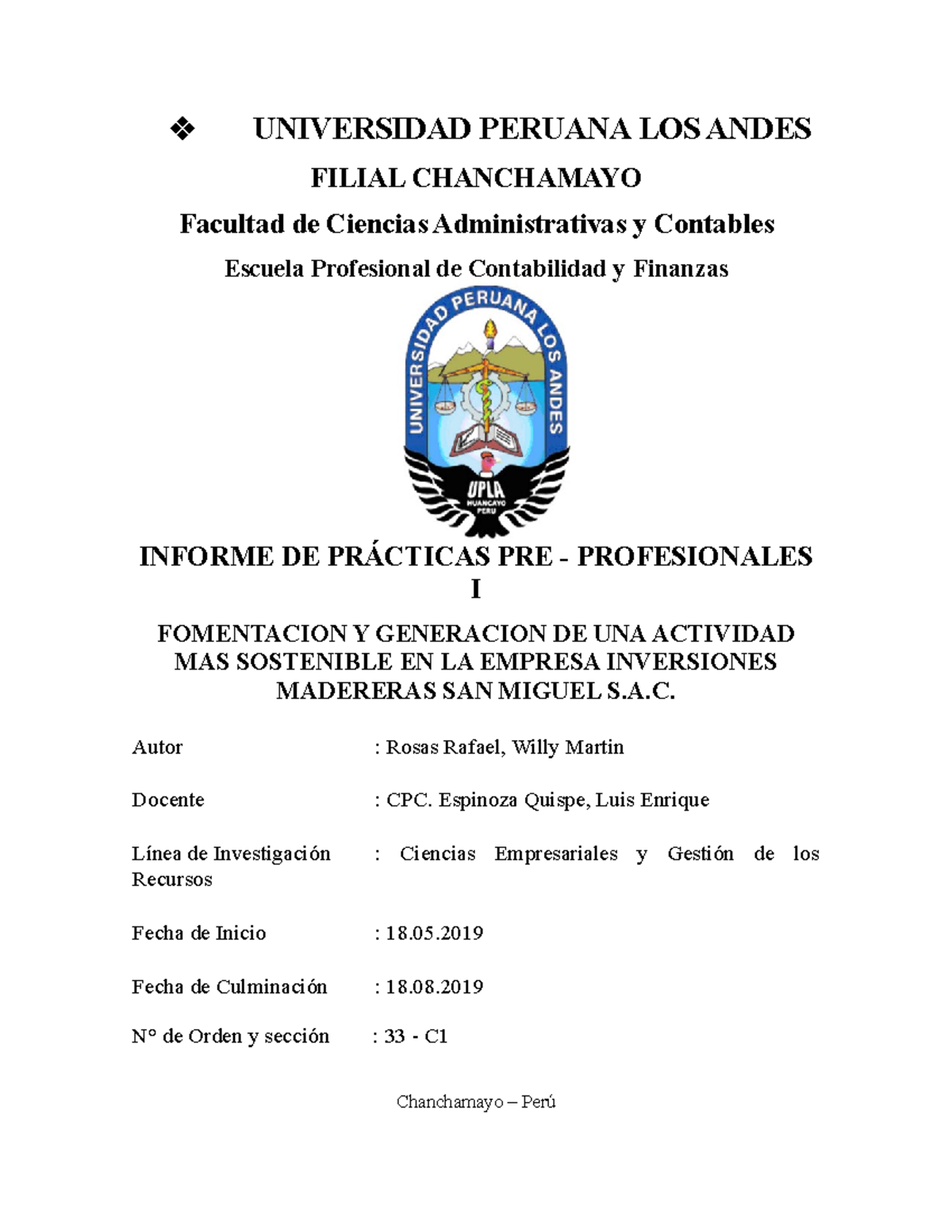 Informe DE Practicas PPP I - UNIVERSIDAD PERUANA LOS ANDES FILIAL ...