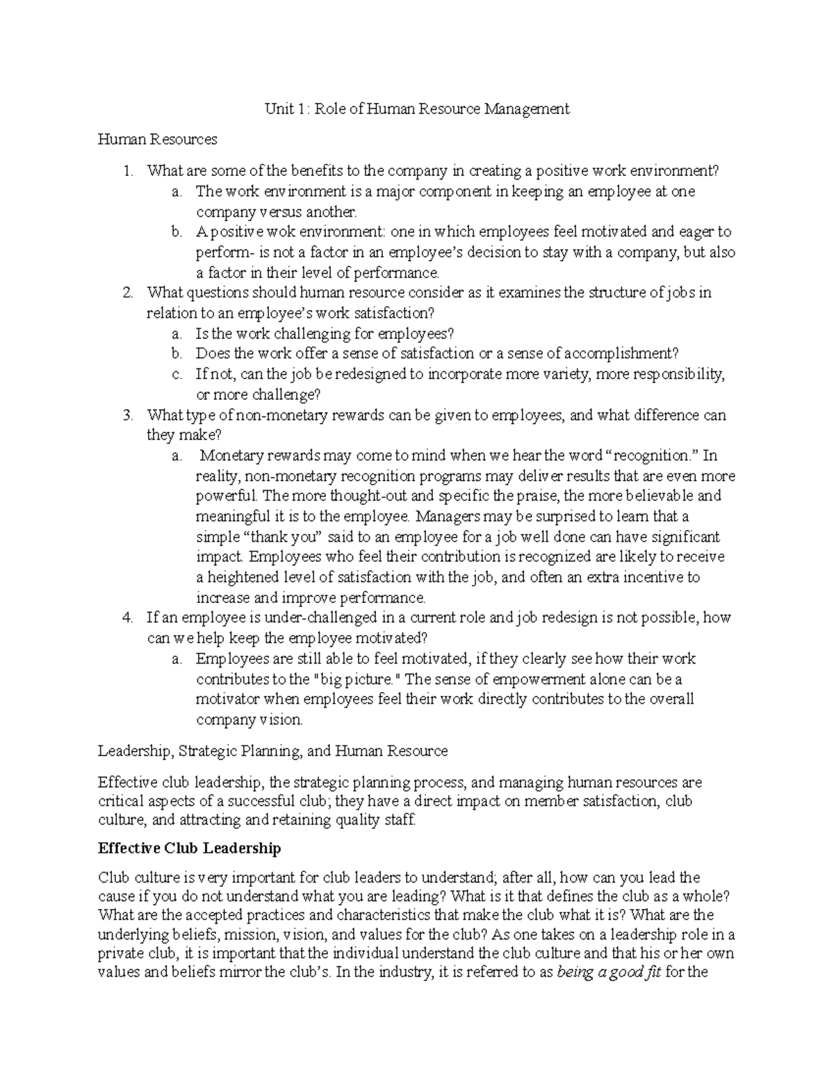 MGMT315 unit 1 notes - Unit 1: Role of Human Resource Management Human ...
