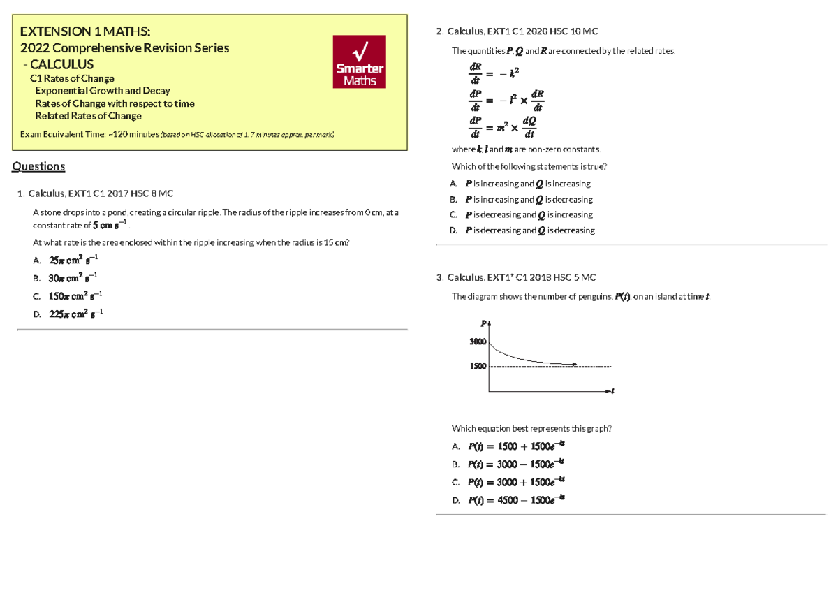 EXT1 2022 HSC CRS C1 - Calculus Practice - Calculus, EXT1 C1 2017 HSC 8 ...