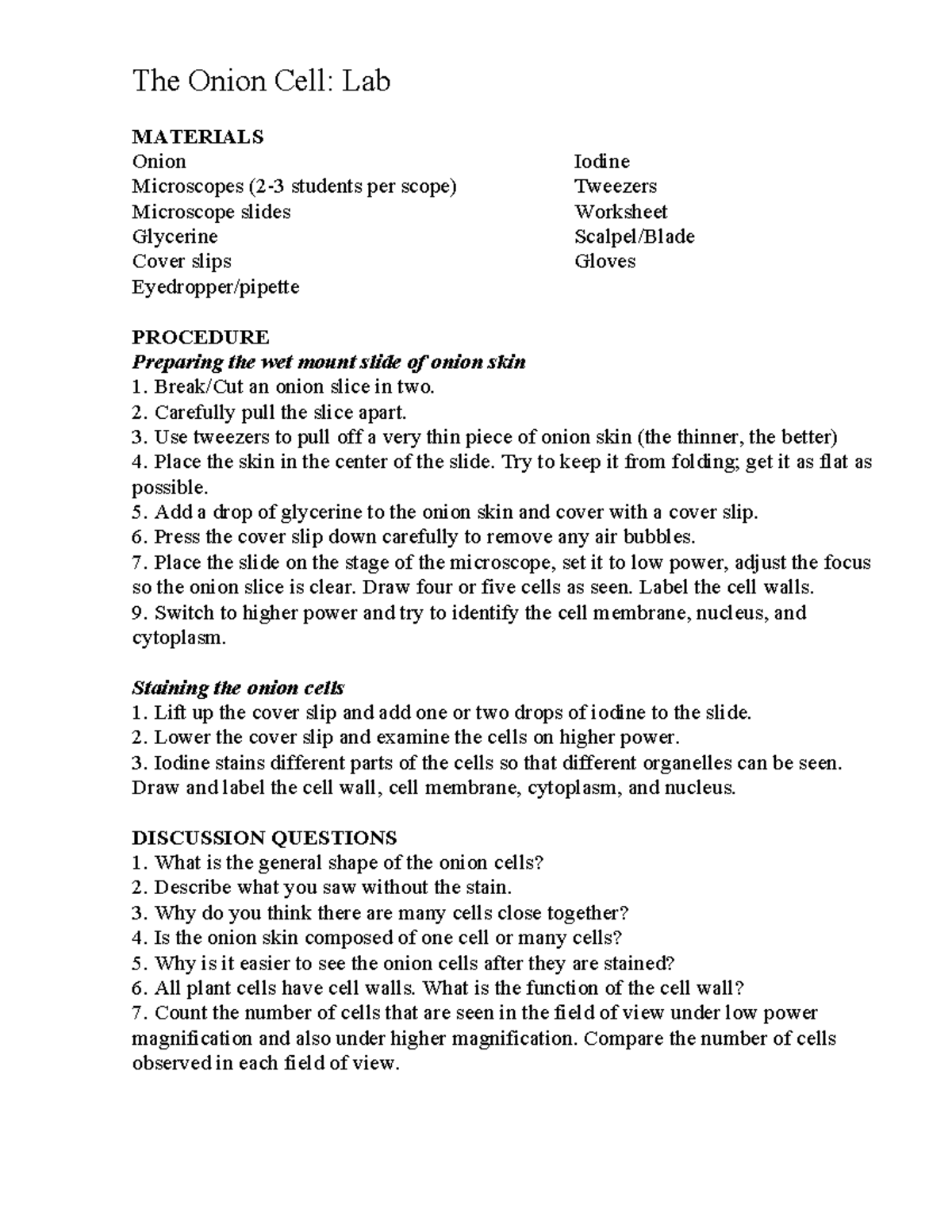 Onion Activity 1 - The Onion Cell: Lab MATERIALS Onion Microscopes (2-3 ...