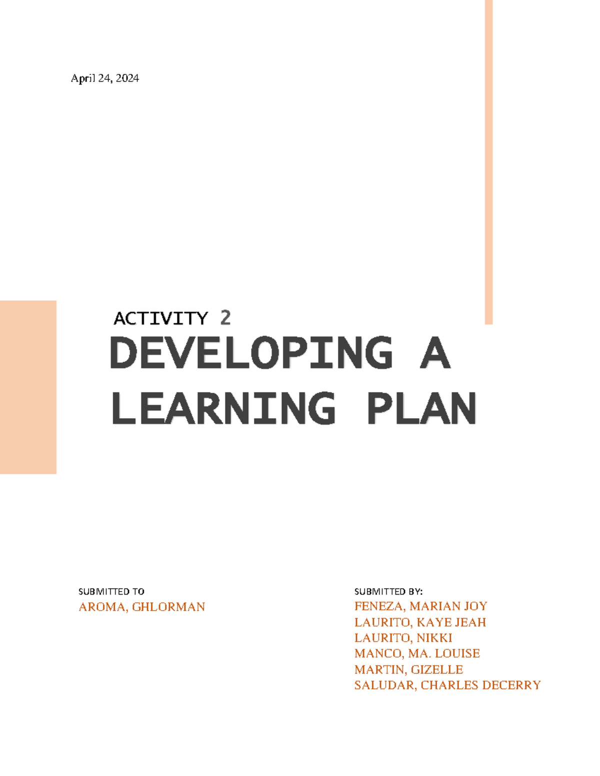Learning plan English - April 24, 2024 DEVELOPING A LEARNING PLAN ...