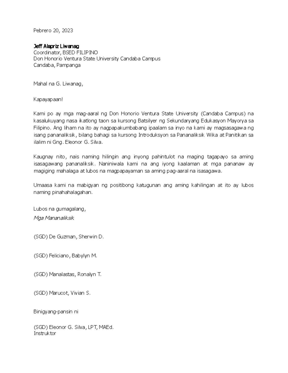 Liha M - Liham para sa pananaliksik - Pebrero 20, 2023 Jeff Alapriz ...