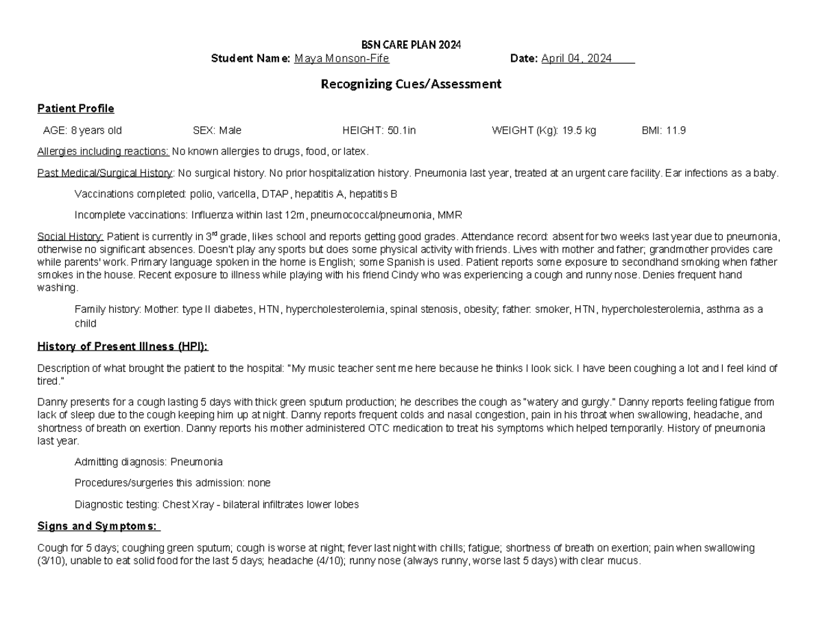 CDM Care Plan BSN - Student Name: Maya Monson-Fife Date: April 04, 2024 ...