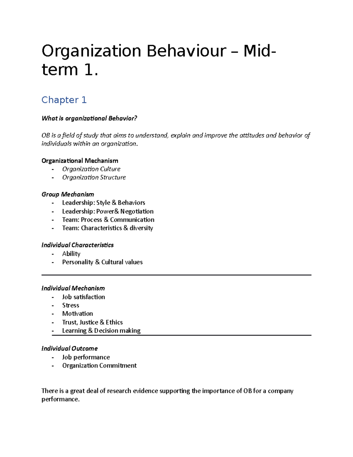 Organizational Behaviour - Midterm 1 notes - Organization Behaviour ...