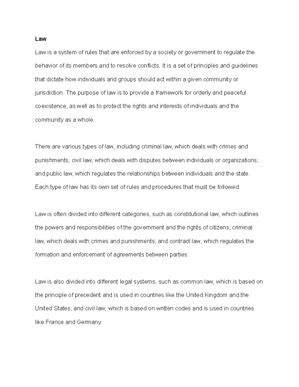 Law societies and justice course outline law - Law Law is a system of ...