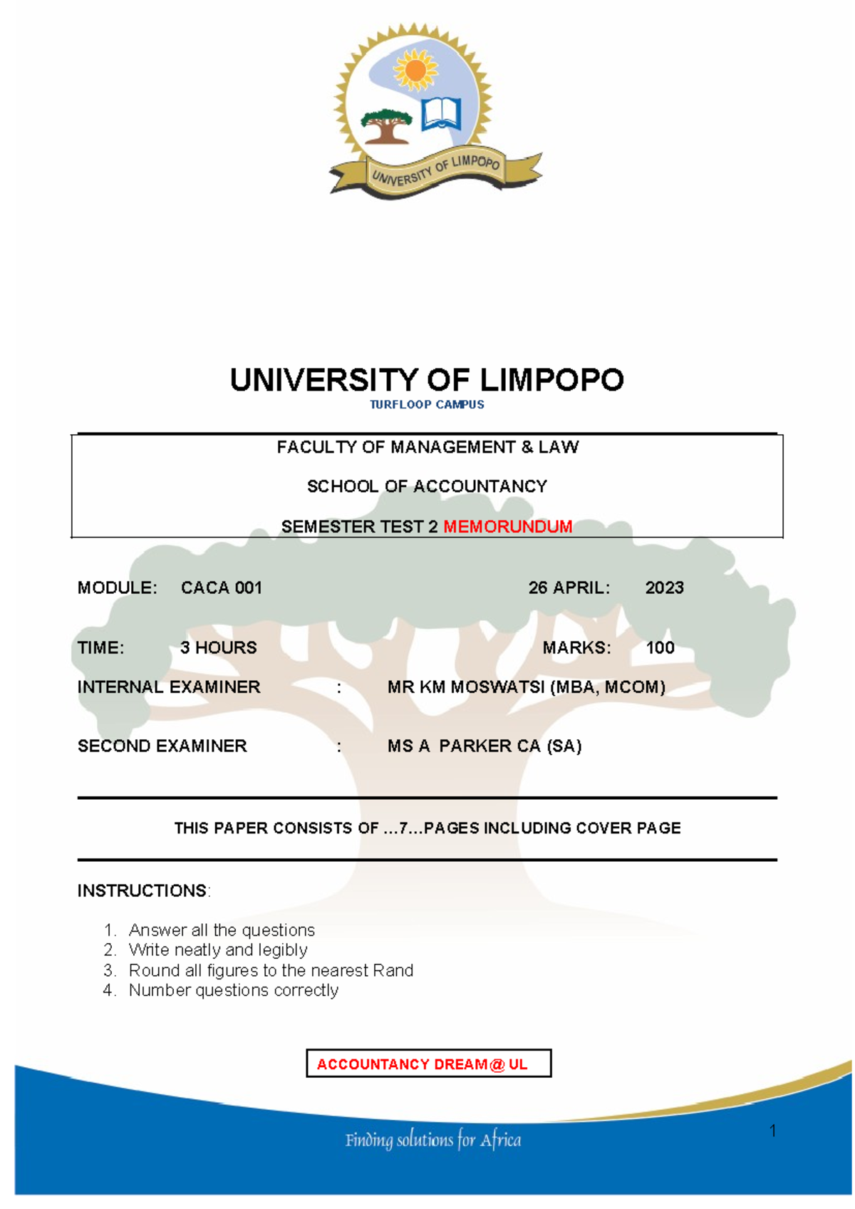 CACA001 TEST 2 MEMO - 2023 (After moderation) Keko - UNIVERSITY OF ...