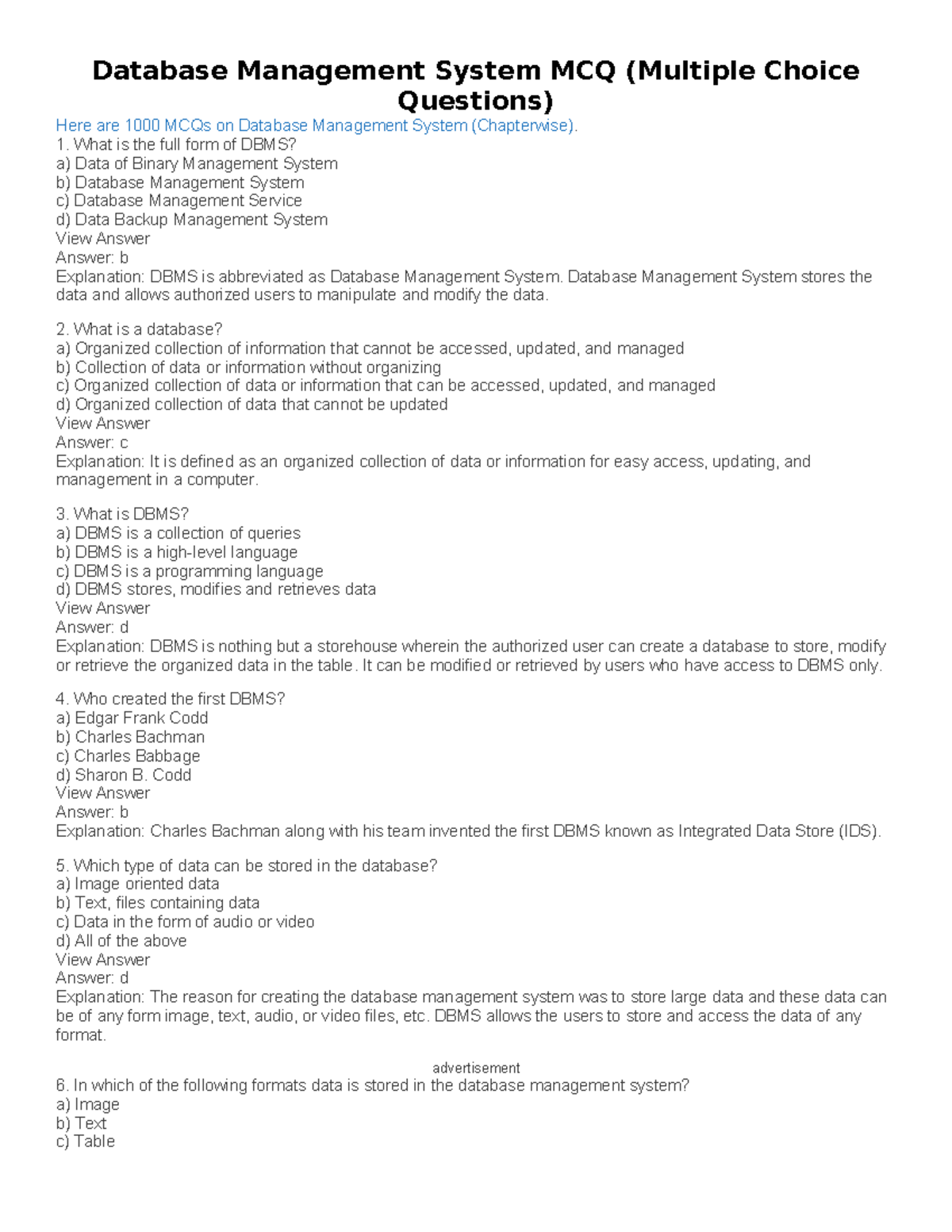 Database Management System - 1. What is the full form of DBMS? a) Data of Binary Management ...
