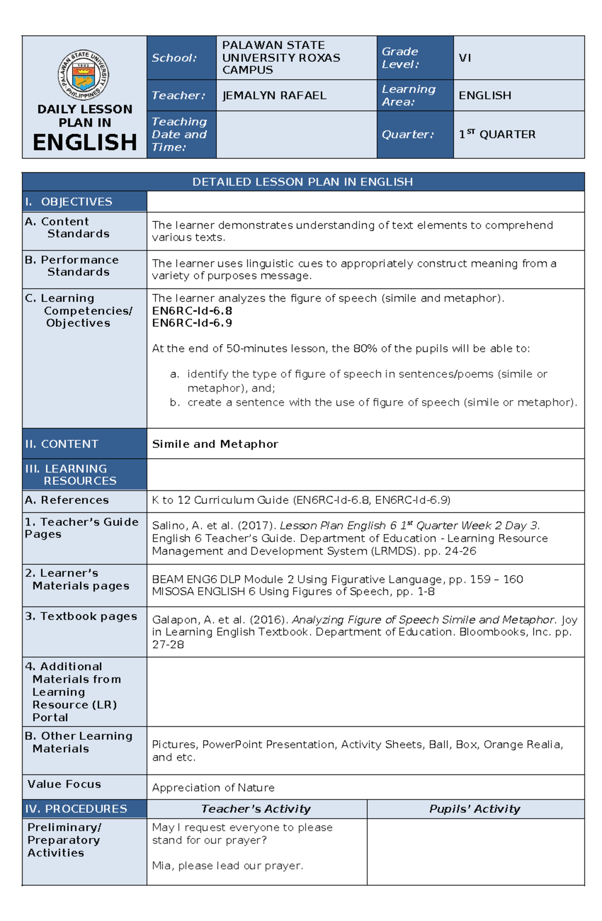 Simile and Metaphor Lesson Plan - DAILY LESSON PLAN IN ENGLISH School ...