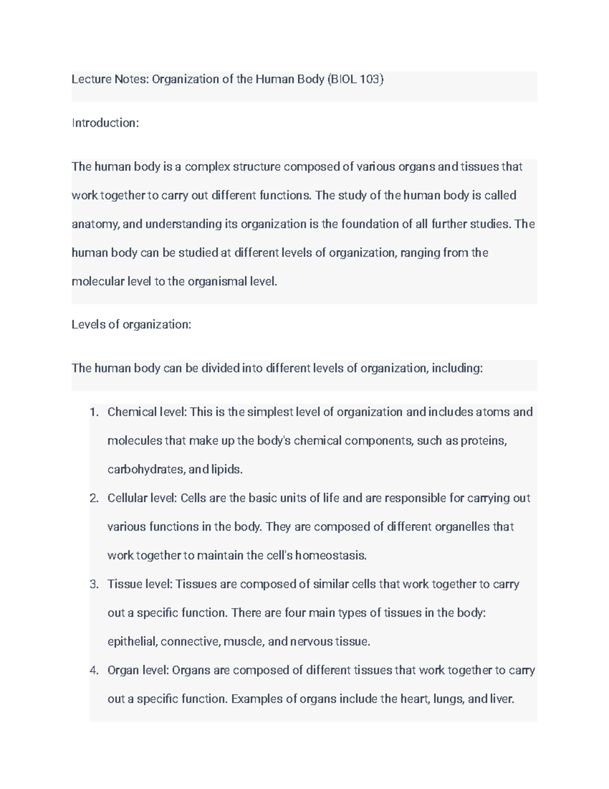 Lecture Notes Organization of the Human Body (BIOL 103) - The study of ...