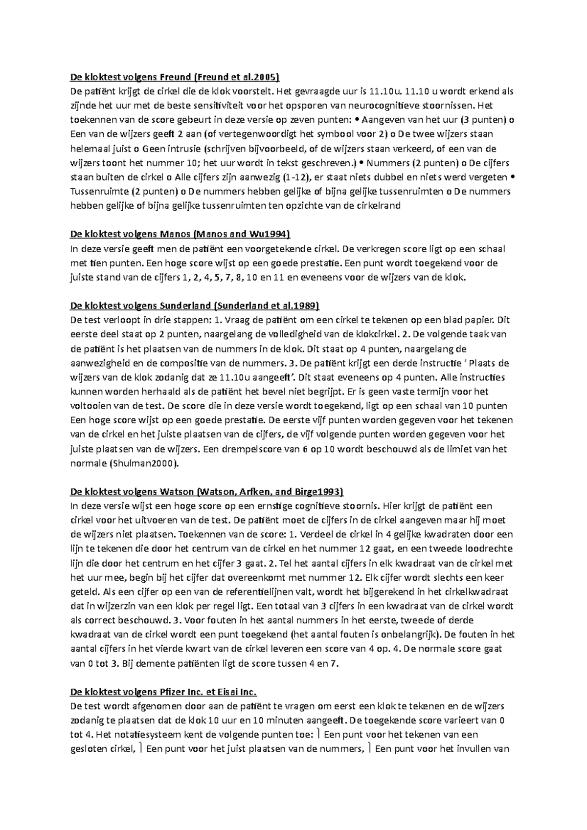 Kloktest volgens Freund, Manos, Sunderland, Watson, Pfizer & Wolf-Klein ...