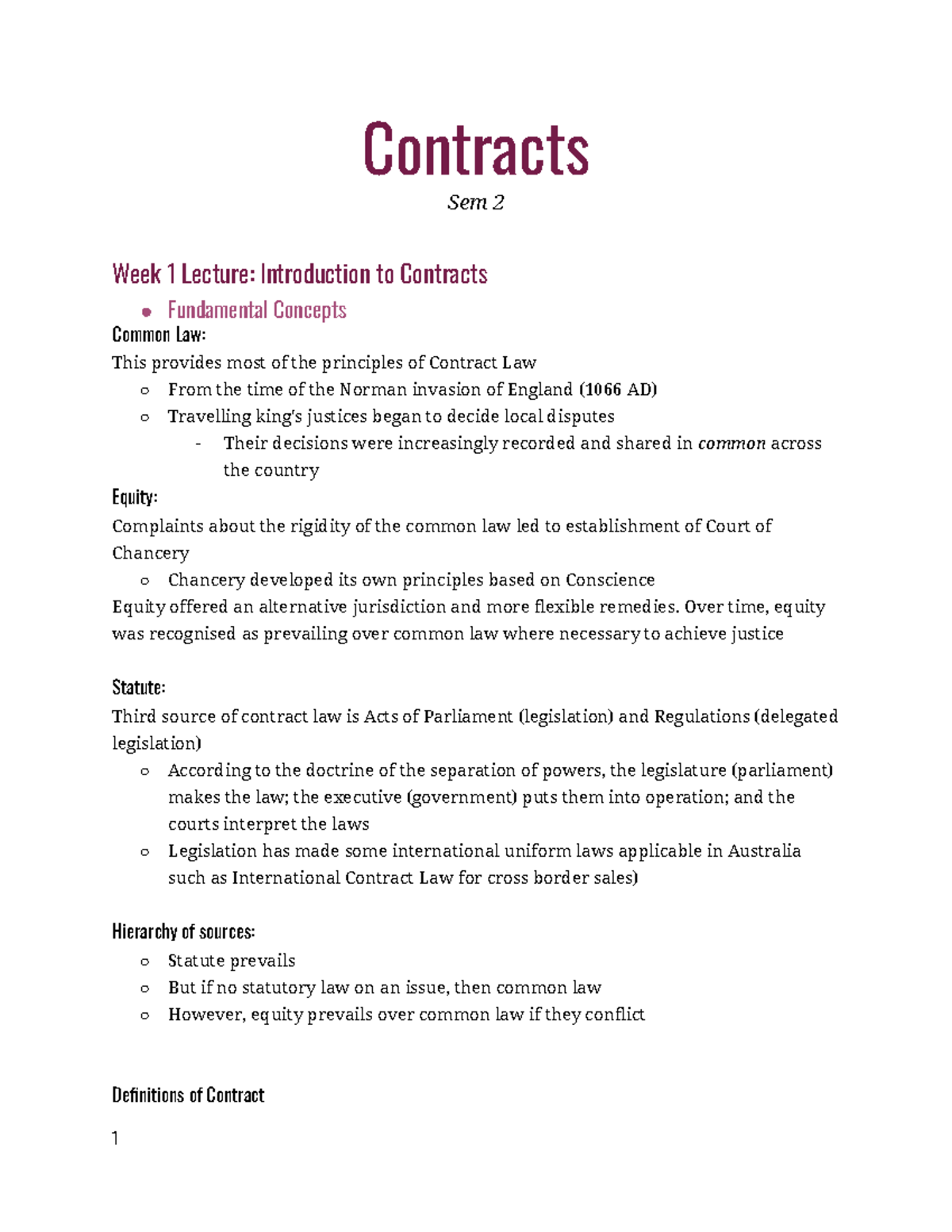 LAWS1200 - Contracts - Contracts Sem 2 Week 1 Lecture: Introduction to ...