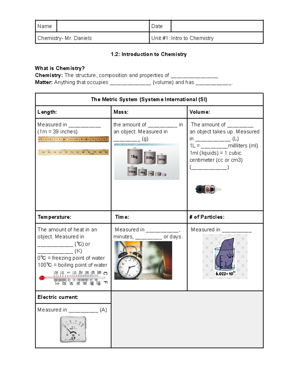 1.2 The Metric System - Name Date Chemistry- Mr. Daniels Unit #1: Intro ...