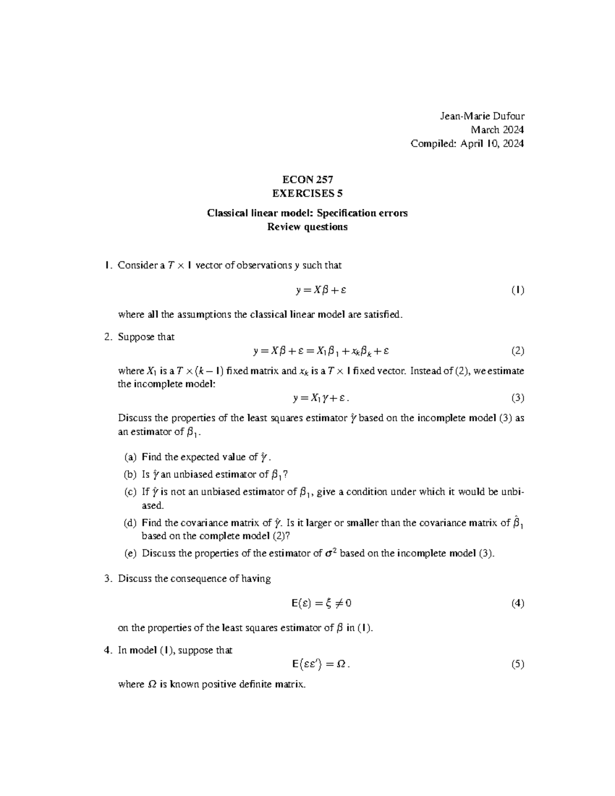 Dufour 2024 C Etx2 Exercices 6 Linear Regression Specification Errors - Jean-Marie Dufour March ...