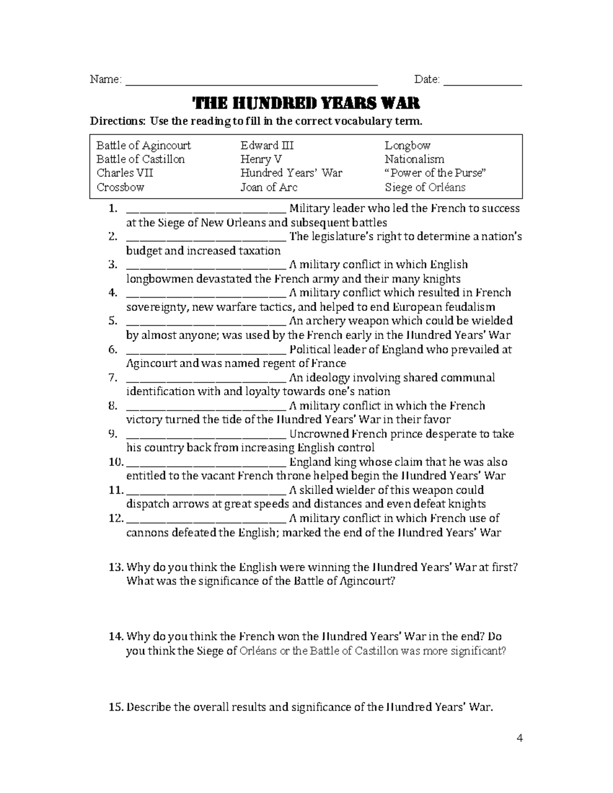 Hundred+years+war+worksheet - 4 Name ...