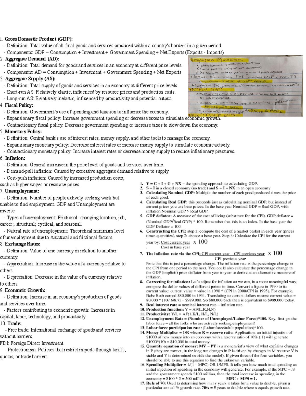 Study Guide MacroEconomics Final - 1. Gross Domestic Product (GDP ...
