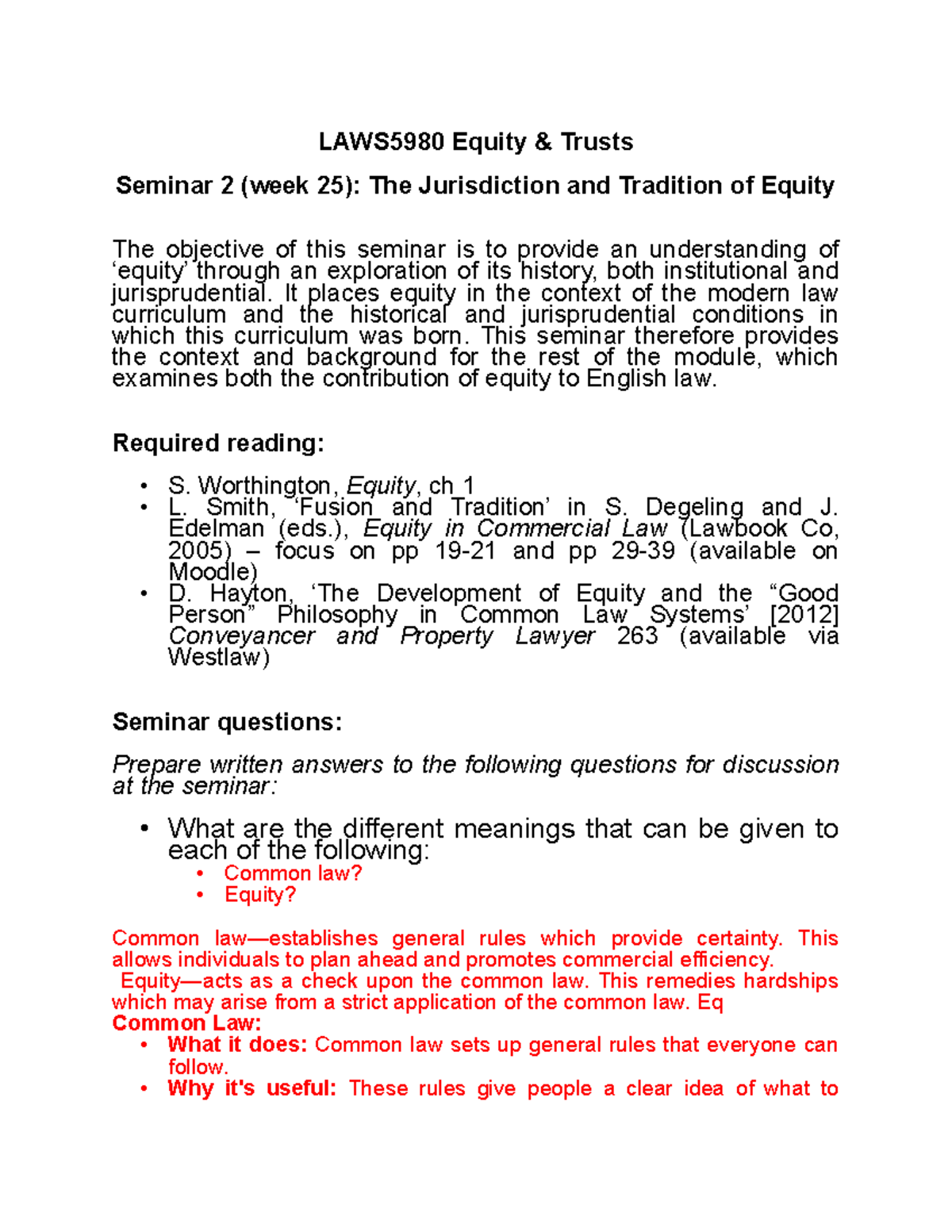 Semiar 2 Equity & TRusts - LAWS5980 Equity & Trusts Seminar 2 (week 25 ...