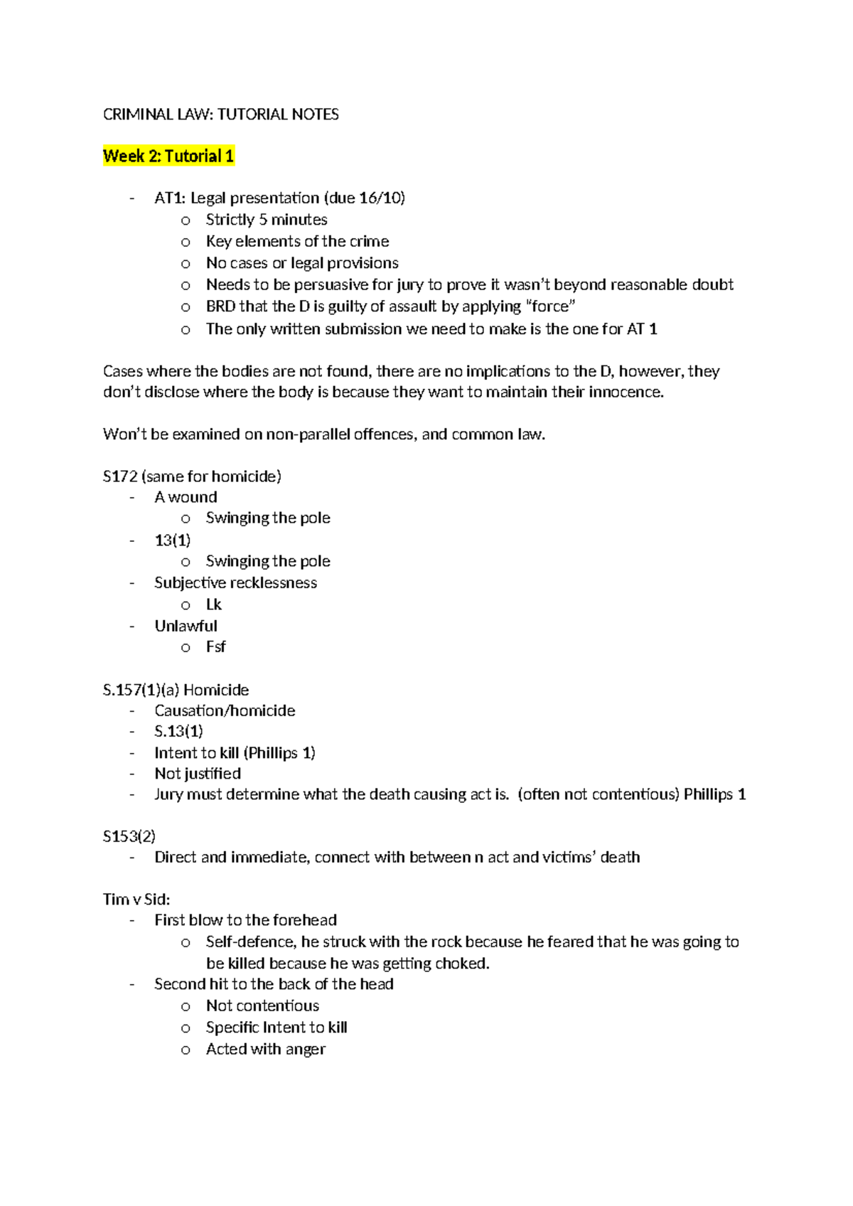 Criminal LAW - Turotial notes - CRIMINAL LAW: TUTORIAL NOTES Week 2 ...