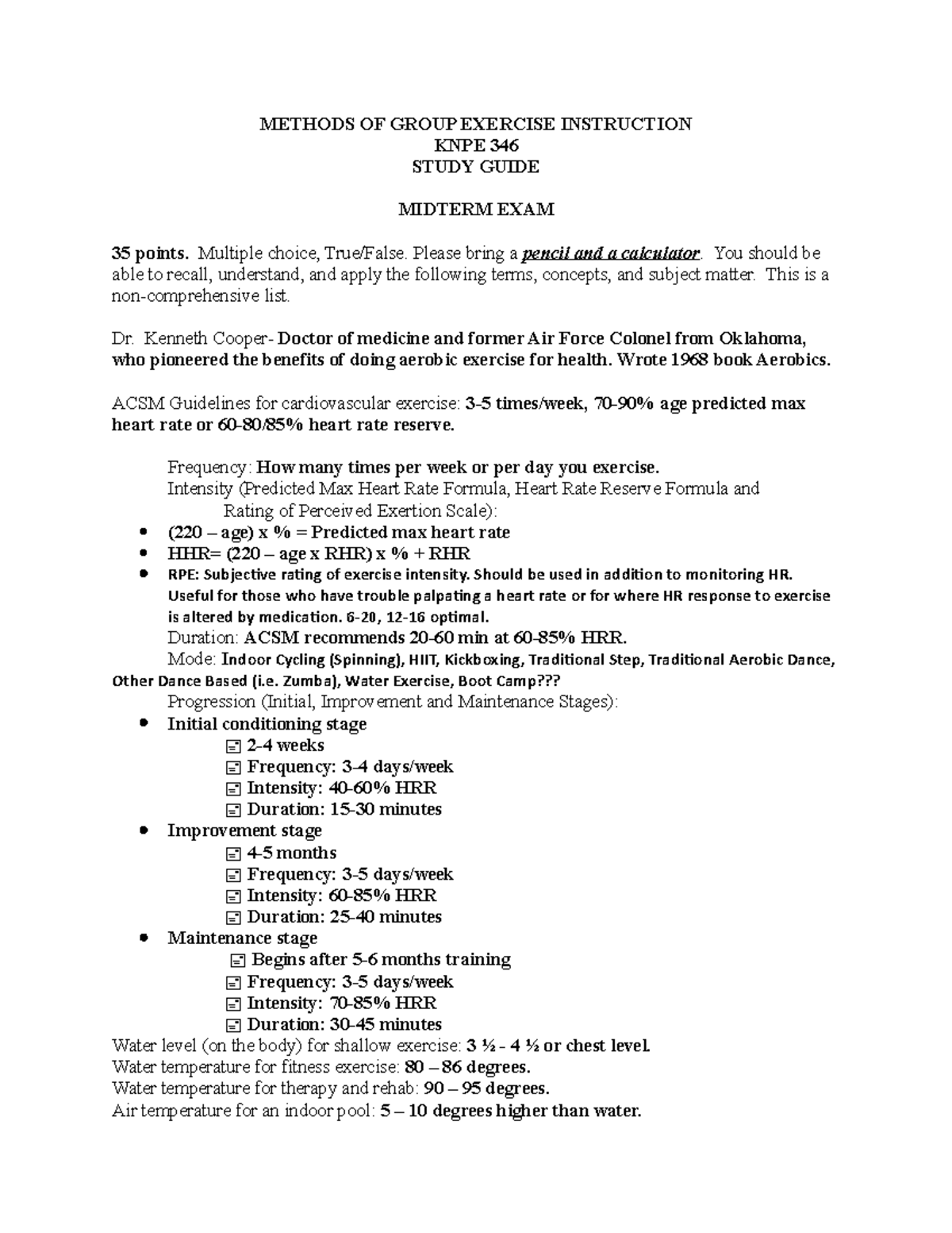 Midterm Study Guide 346 - METHODS OF GROUP EXERCISE INSTRUCTION KNPE ...