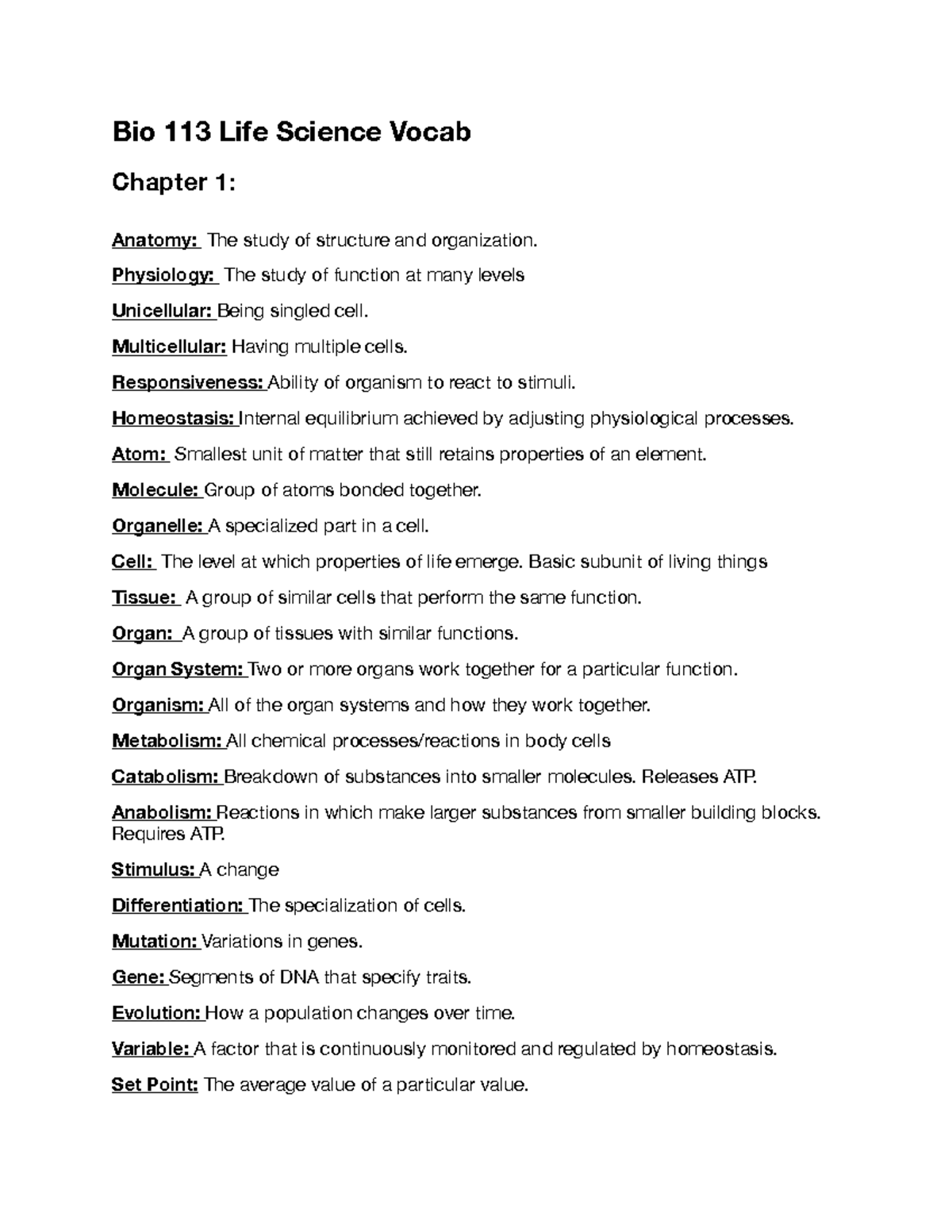 Vocab Chapters 1 and 2 - Bio 113 Life Science Vocab Chapter 1: Anatomy ...