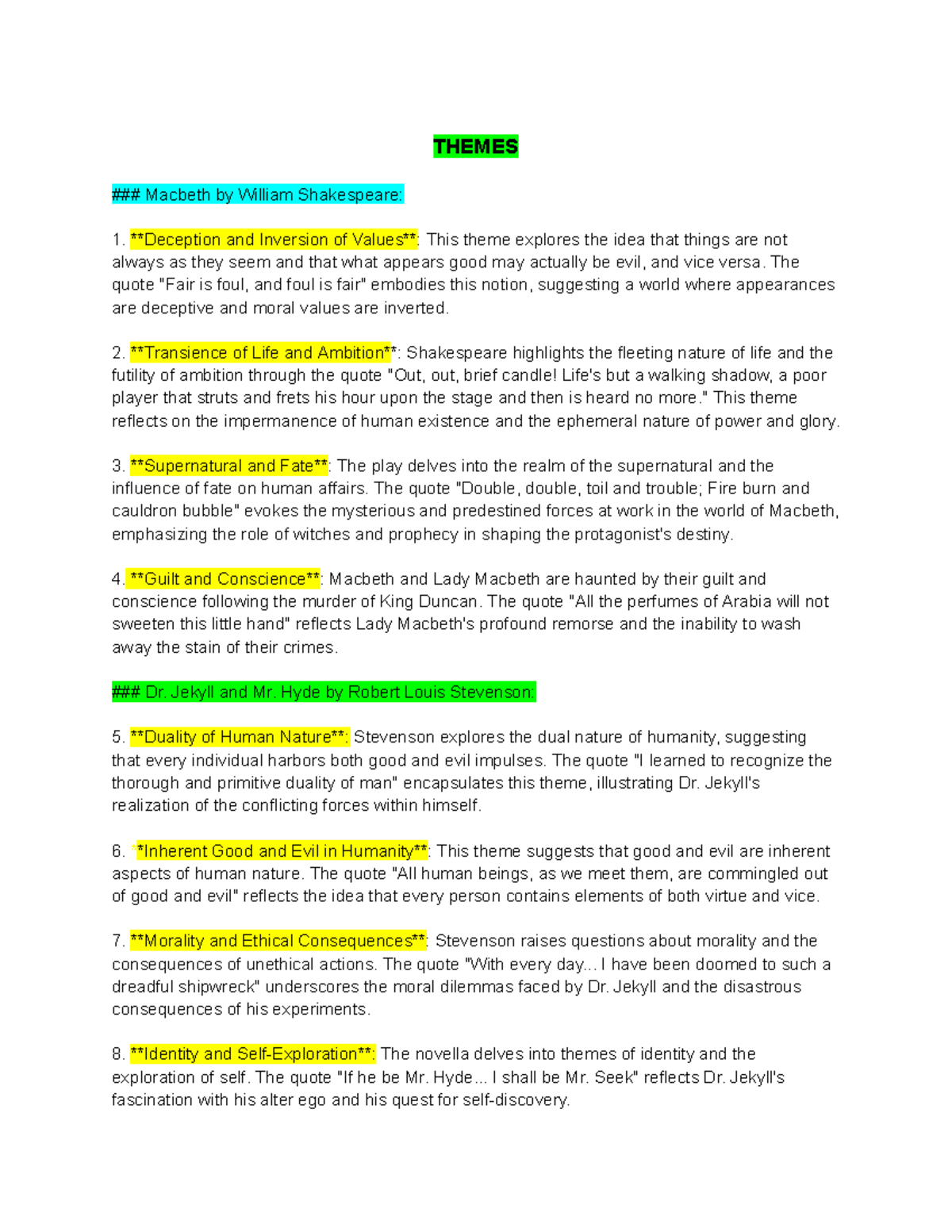 Themes - THEMES ### Macbeth by William Shakespeare: 1. Deception and ...