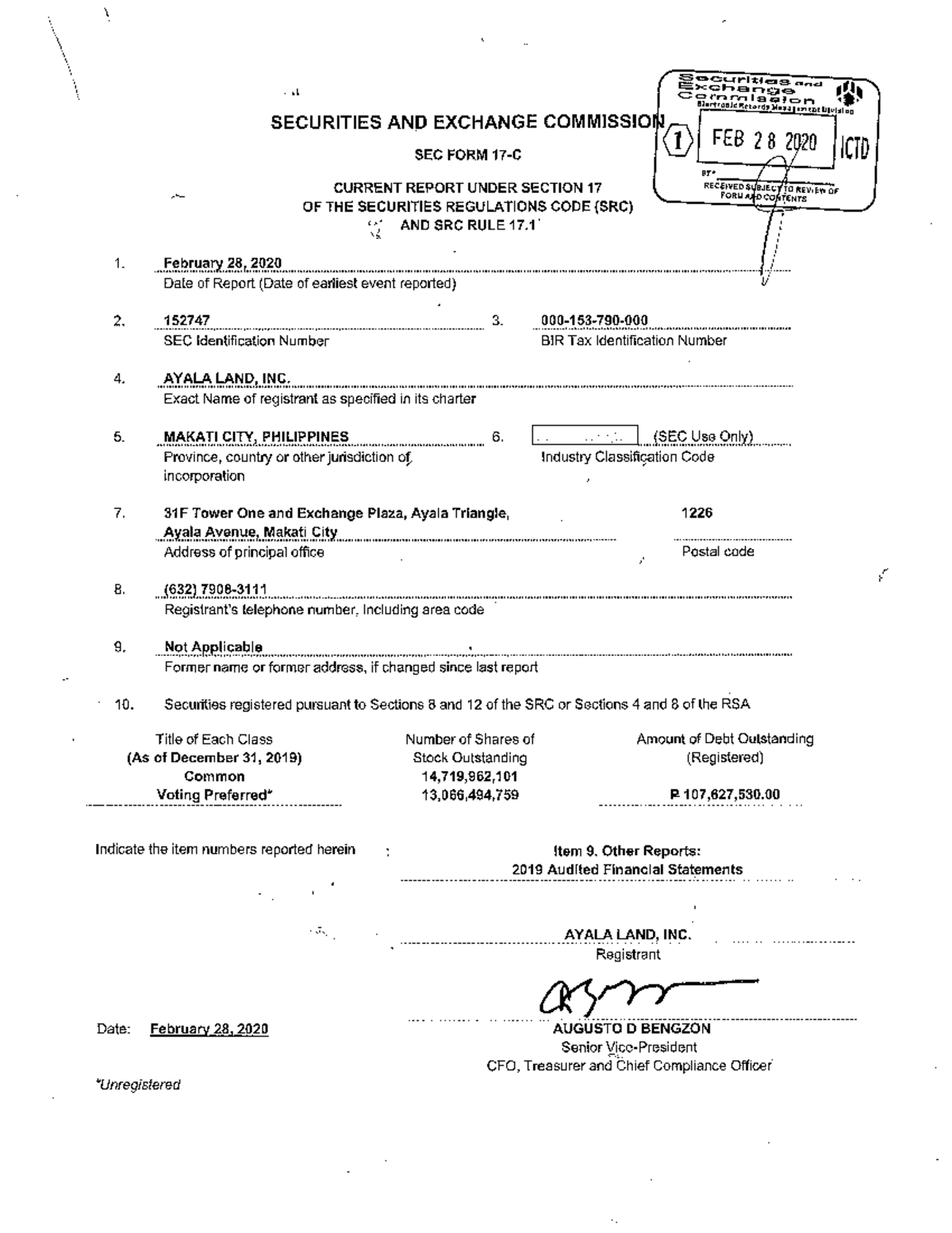 Ayala LAND - None - SEC Reg. No. 152747 28 February 2020 Philippine ...