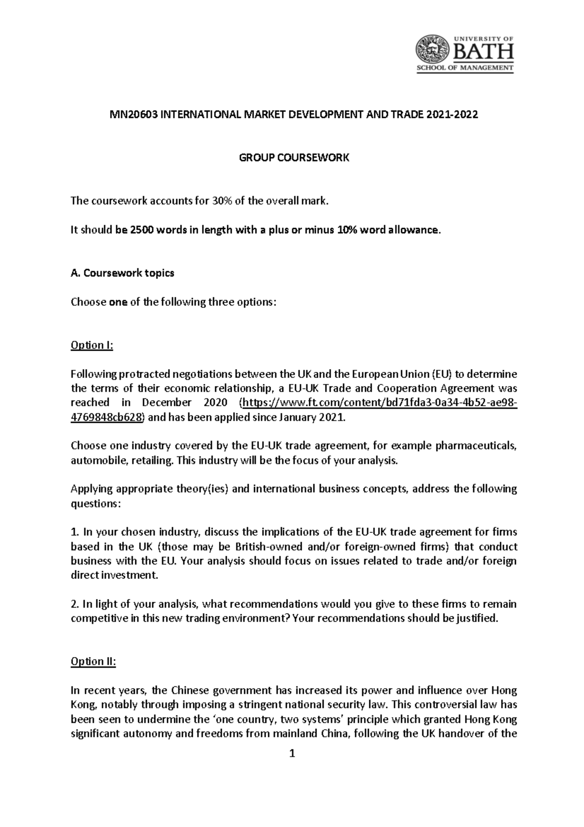 Coursework Brief - MN20603 INTERNATIONAL MARKET DEVELOPMENT AND TRADE ...
