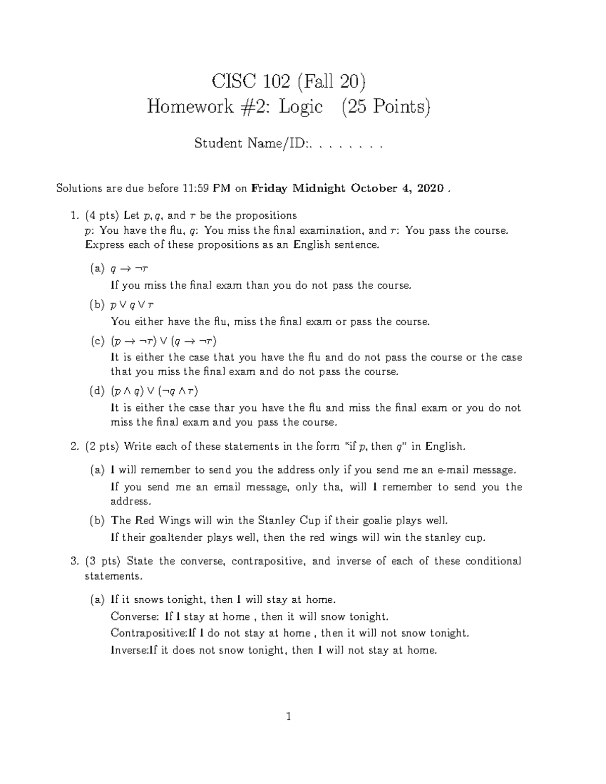 A 2 102 Cisc 102 Assignment 2 Cisc 102 Fall 20 Homework 2 Logic