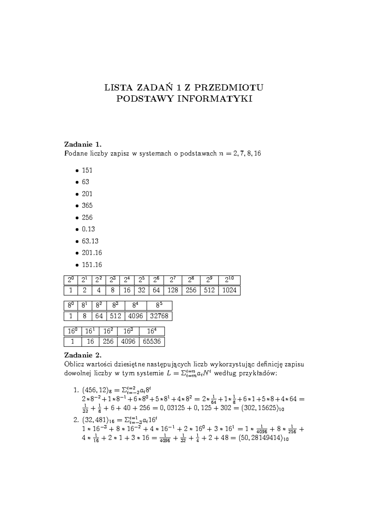 Zadania 1 Podstawy informatyki - LISTA ZADAŃ 1 Z PRZEDMIOTU PODSTAWY ...