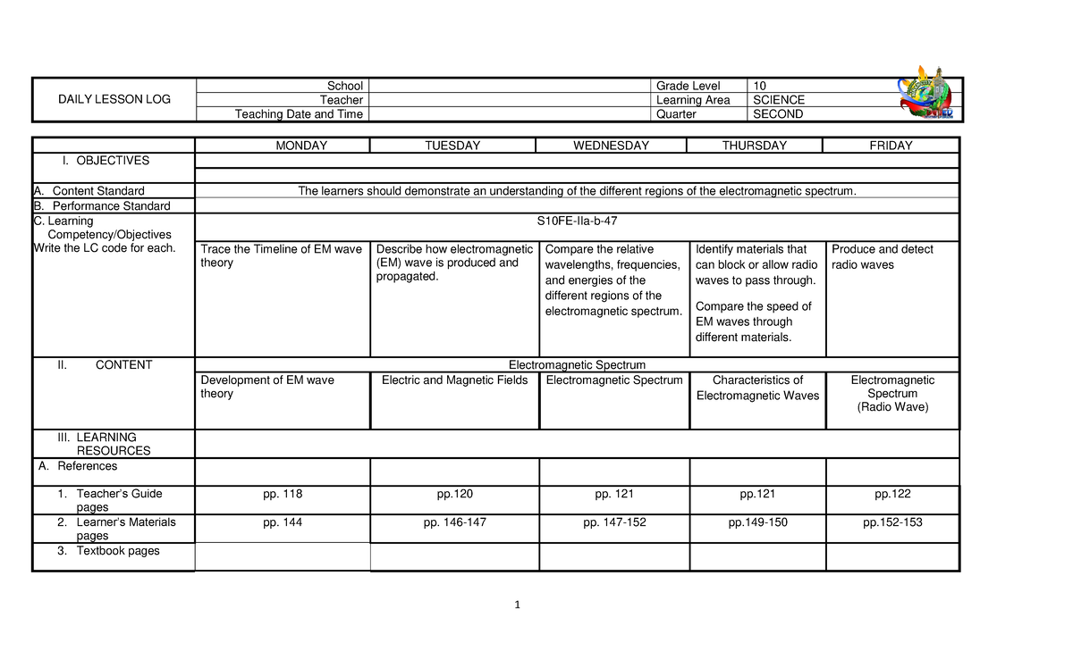 Grade 10 Physics DLL - DAILY LESSON LOG School Grade Level 10 Teacher ...