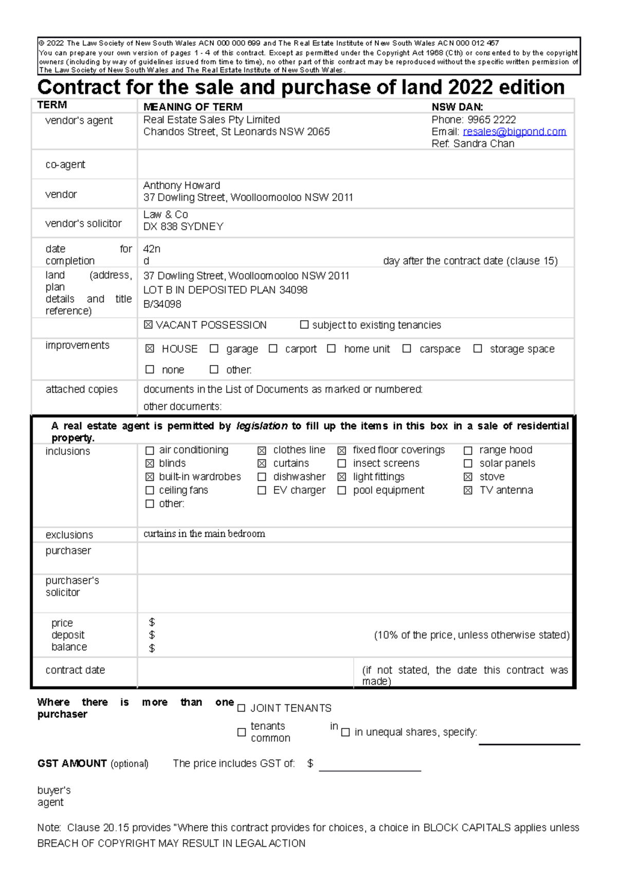 PROP T1 A1 Contract for sale and purchase of Land 2022 edition NSW 2022 ...