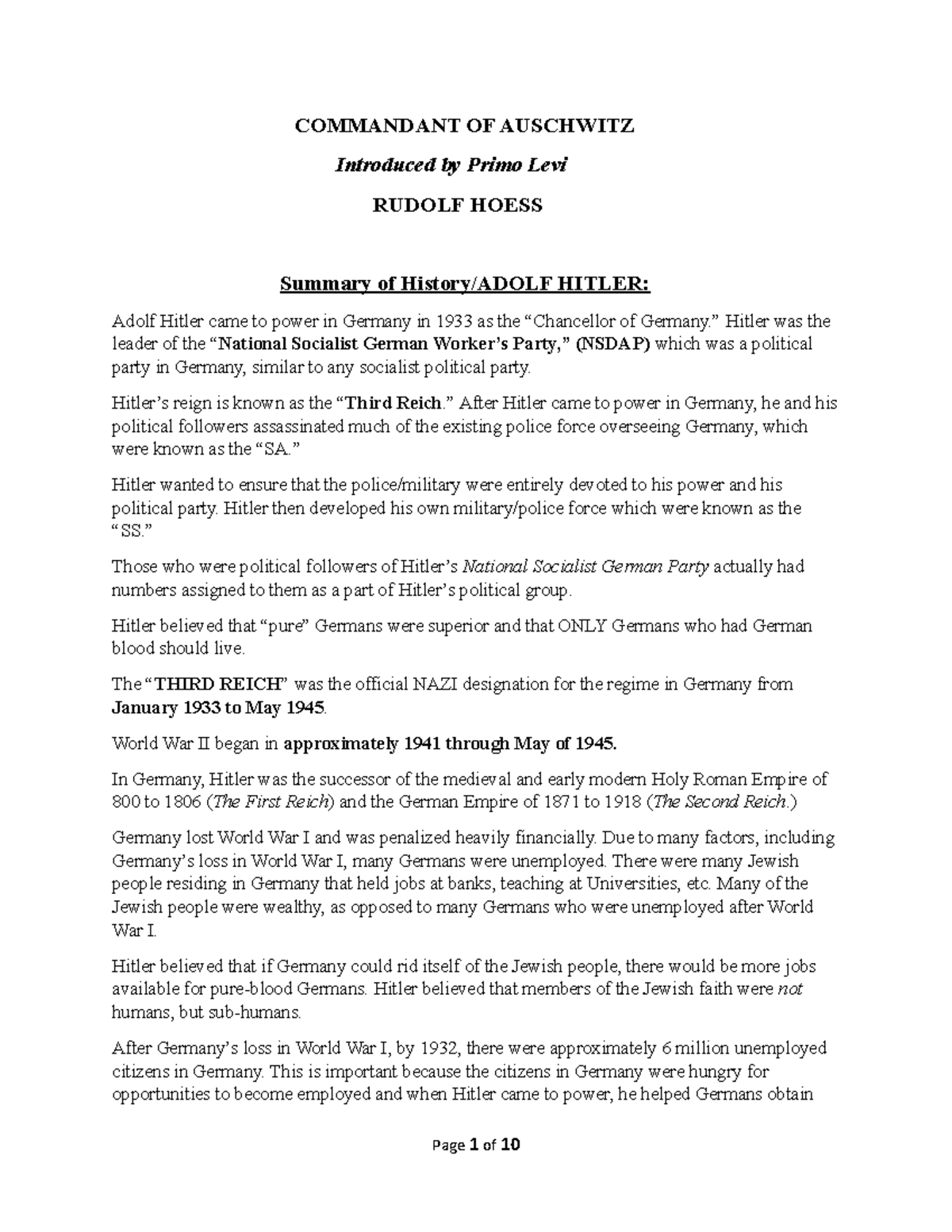 Commandant OF Auschwitz - Rudolf Hoess - FALL 2021 - COMMANDANT OF ...