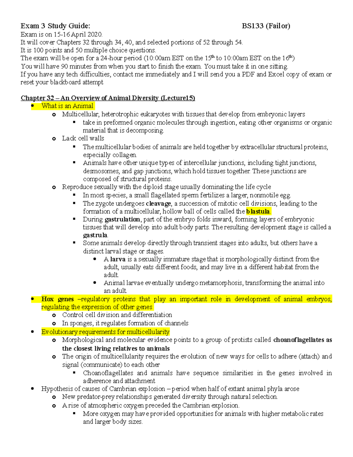 Bio Exam 3 Study Guide - Cover Chapters 32 through 34, 40, and selected ...