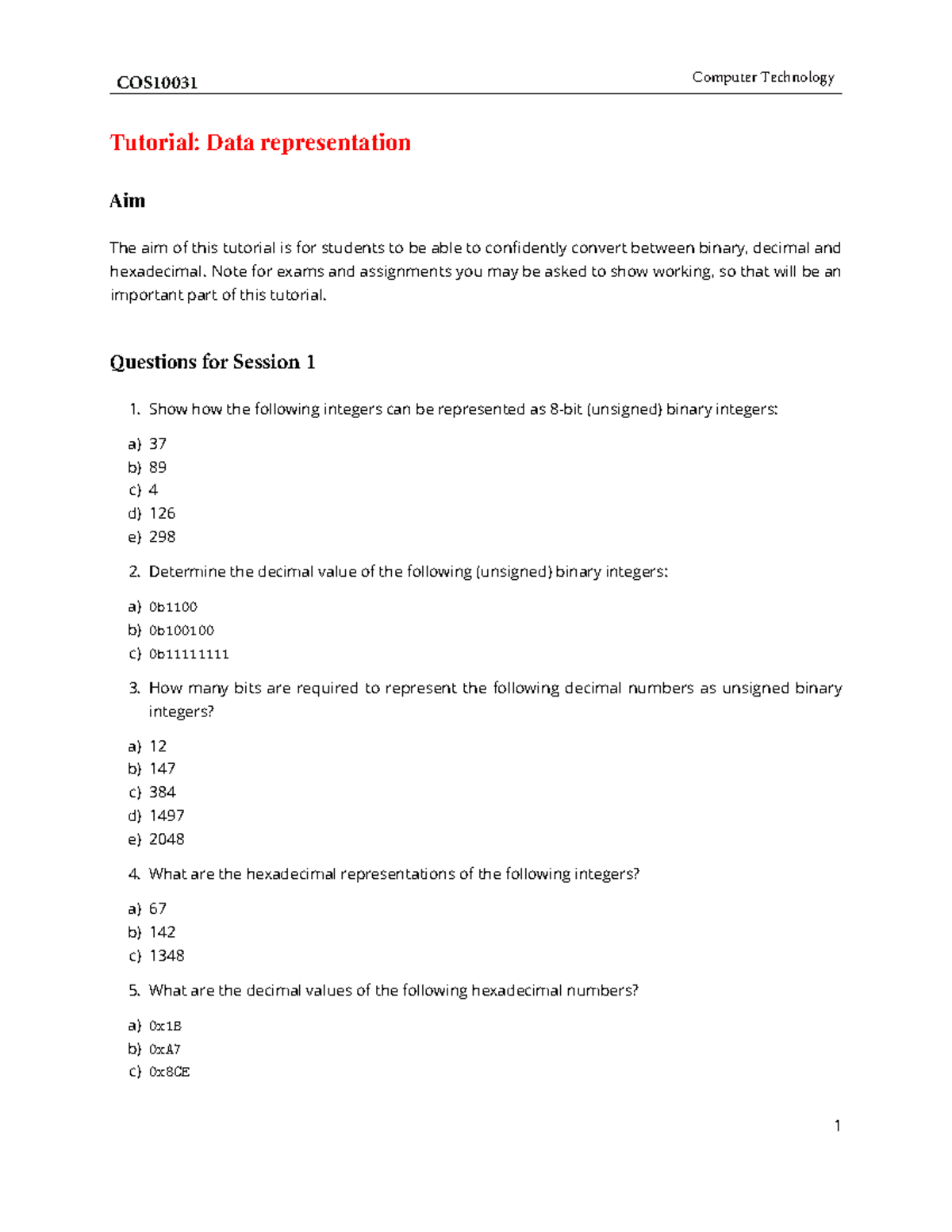 COS10031-Week 1 Lab 1 - LAB01 - Tutorial: Data representation Aim The aim of this tutorial is ...