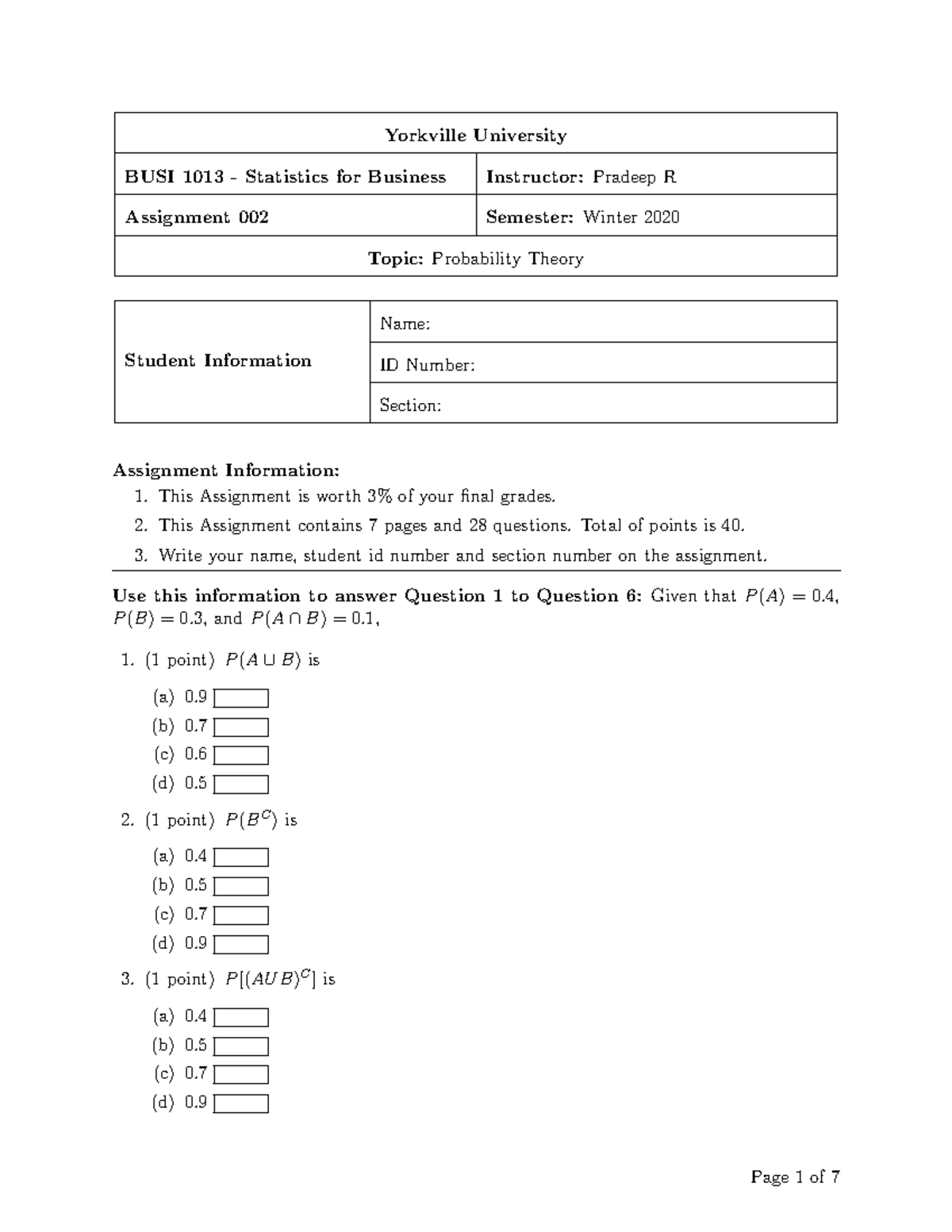 Assignment 002 - questions - Yorkville University BUSI 1013 - Statistics for Business Instructor ...