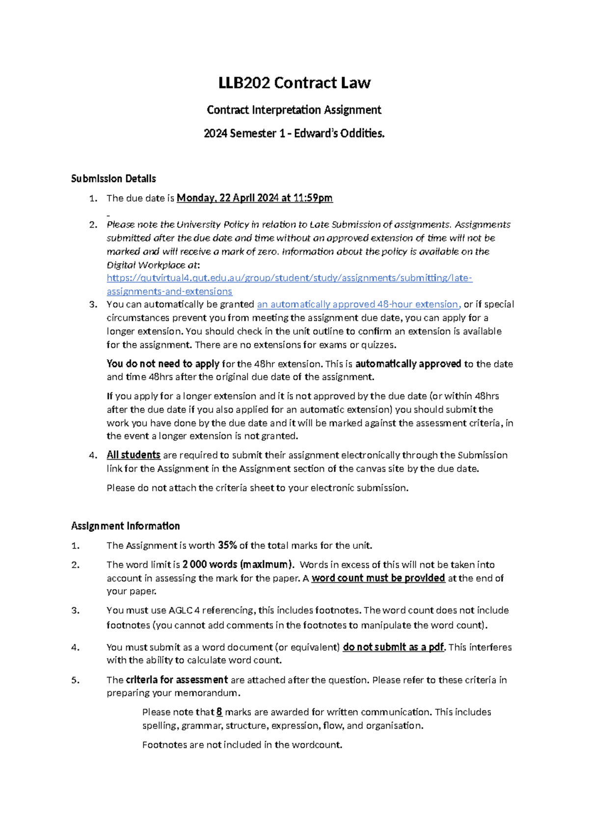 LLB202 2024 s1 Contract Interpretation Assignment Question - LLB202 ...