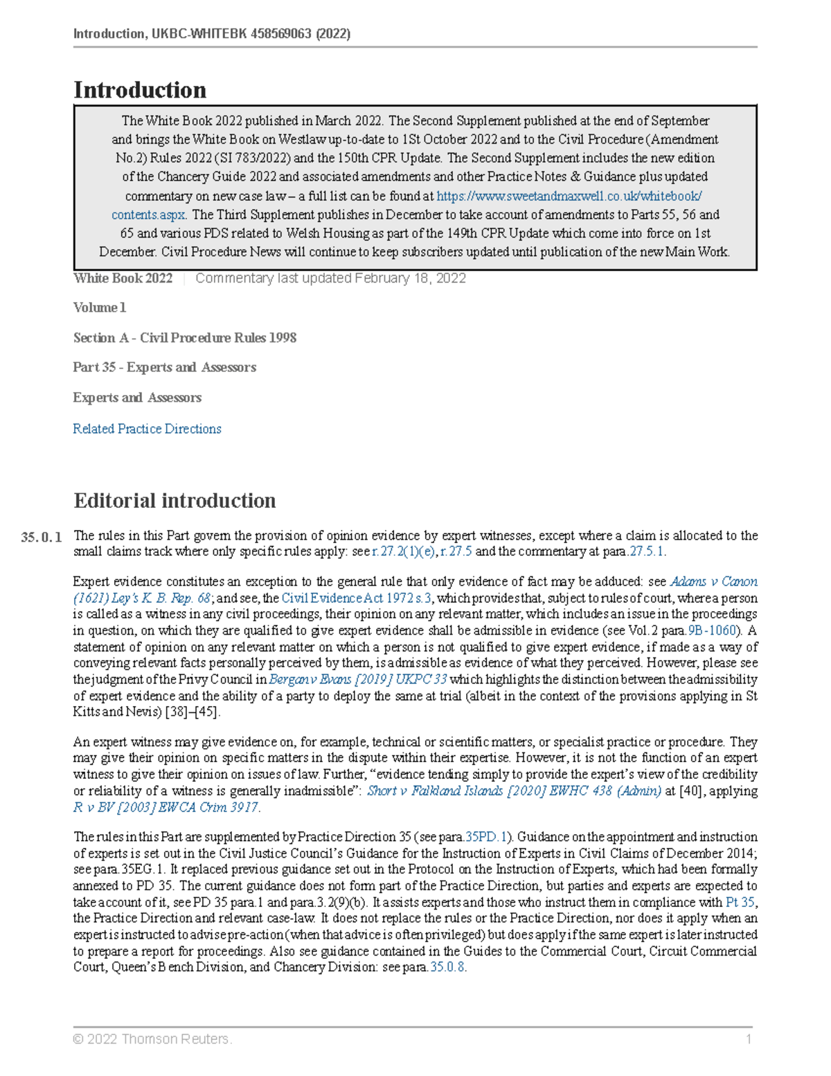 Westlaw UK - 18 full text items for White Book 2022 - Introduction ...